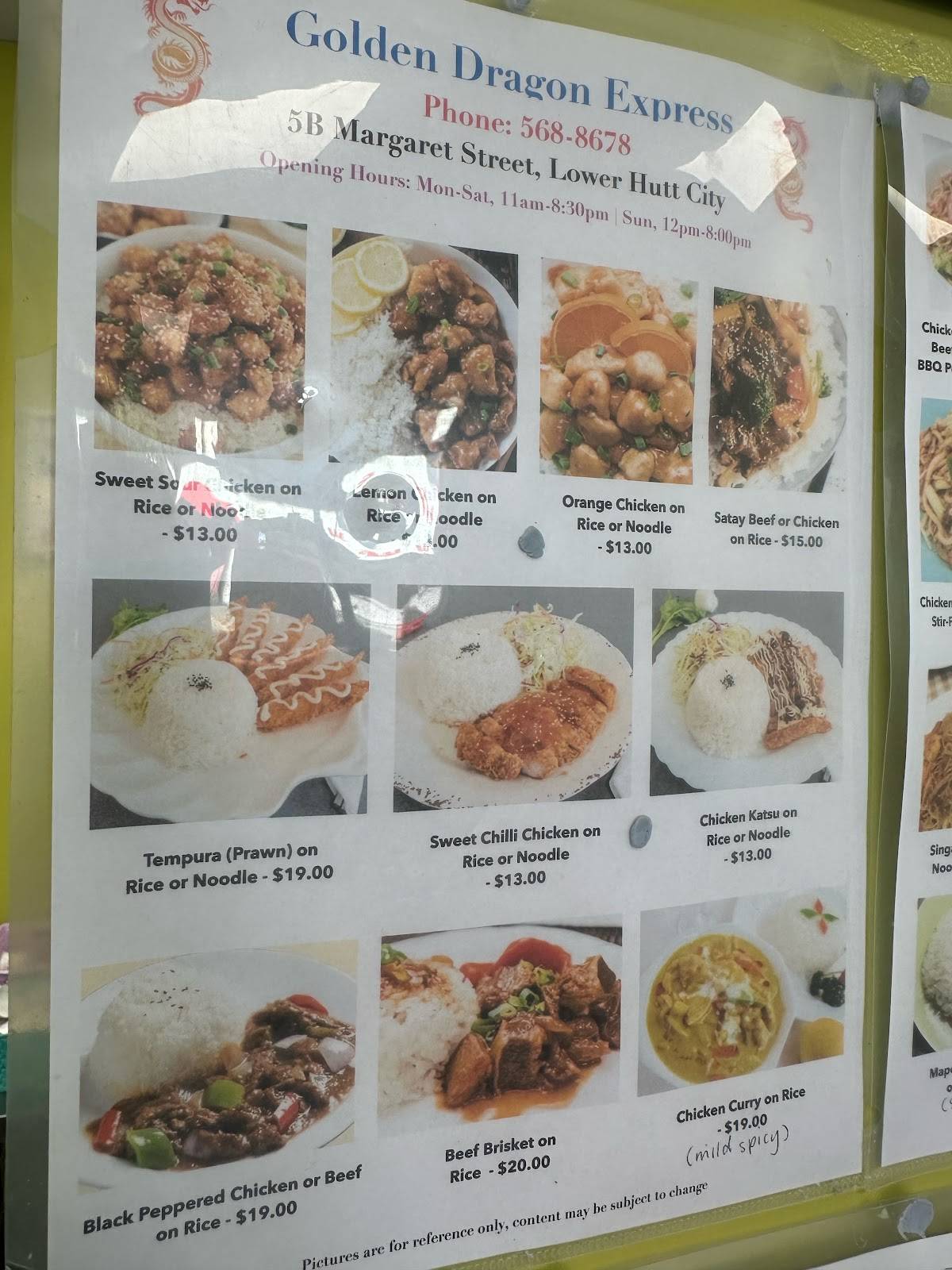 Menu at Golden Dragon Express restaurant, Wellington