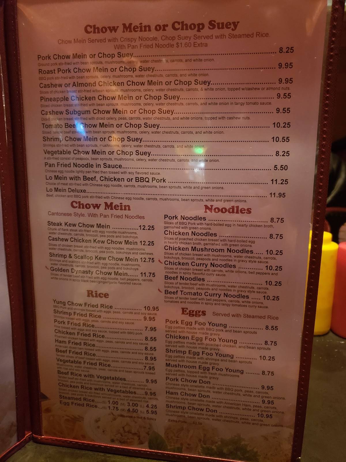 Menu at Golden Dynasty restaurant, Portland