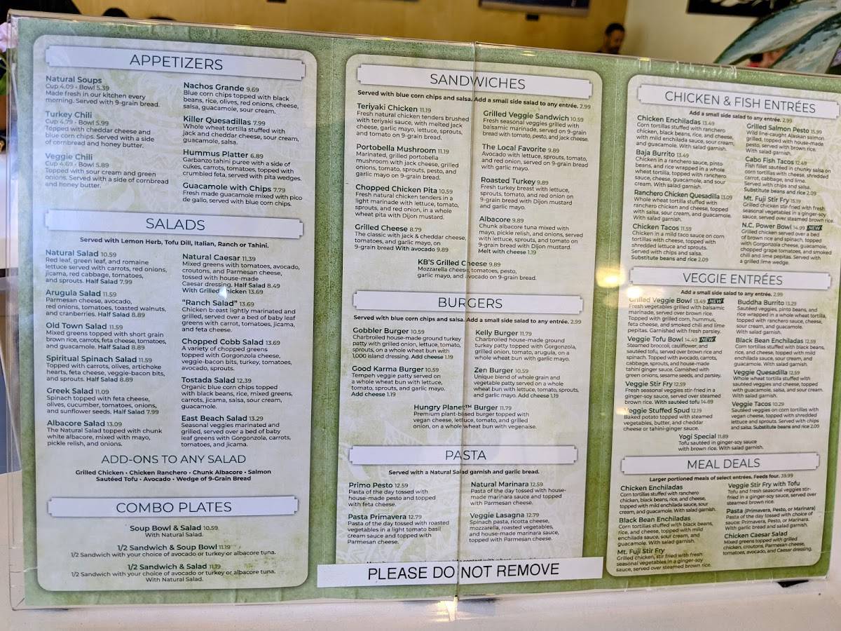 Menu at Natural Cafe, Goleta, Market Pl Dr