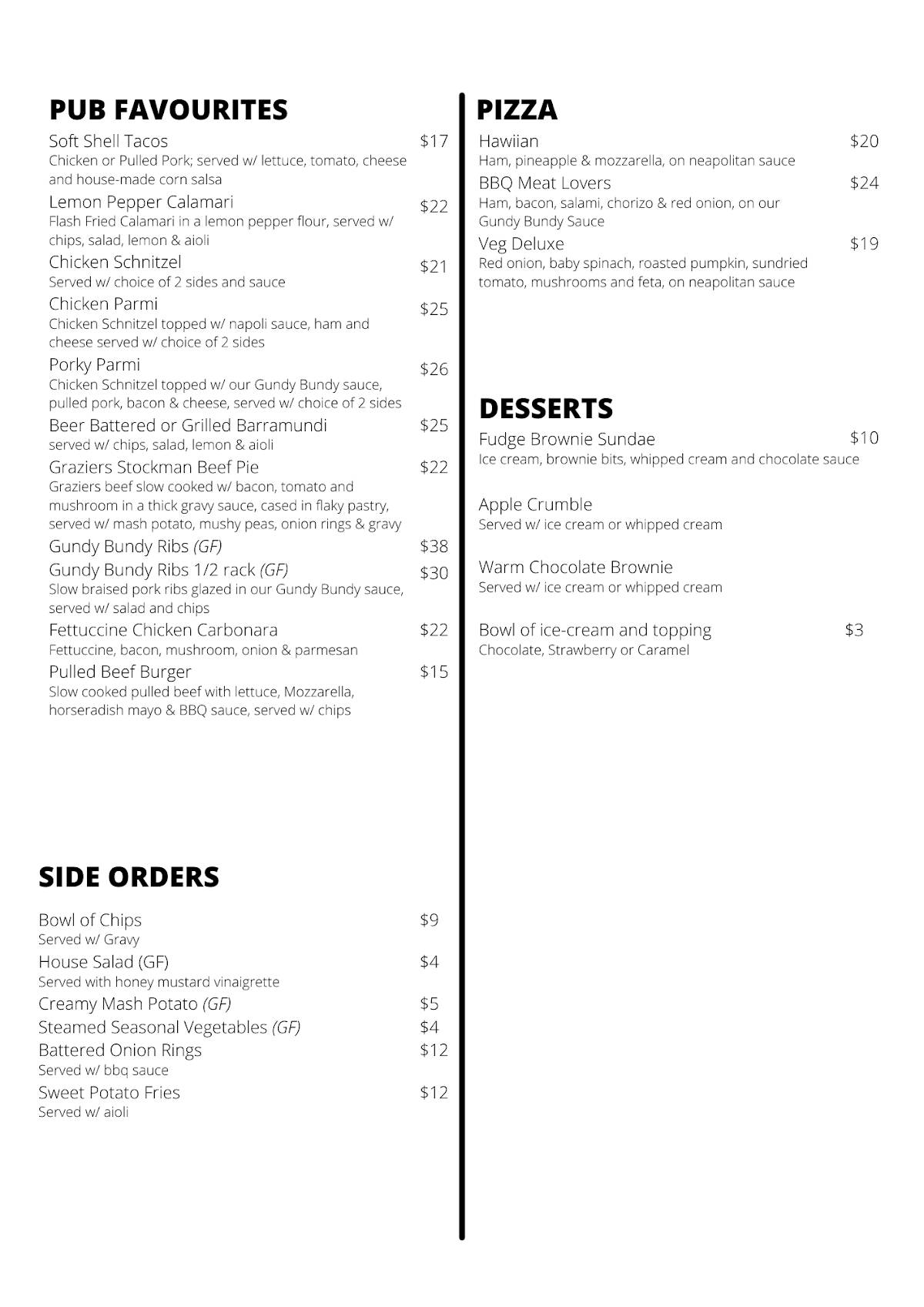 Menu at Victoria Hotel pub & bar, Goondiwindi