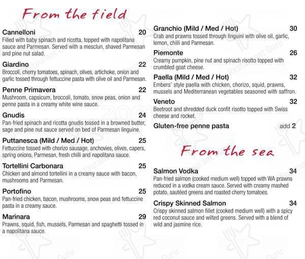 Menu at Embers Restaurant, Gooseberry Hill
