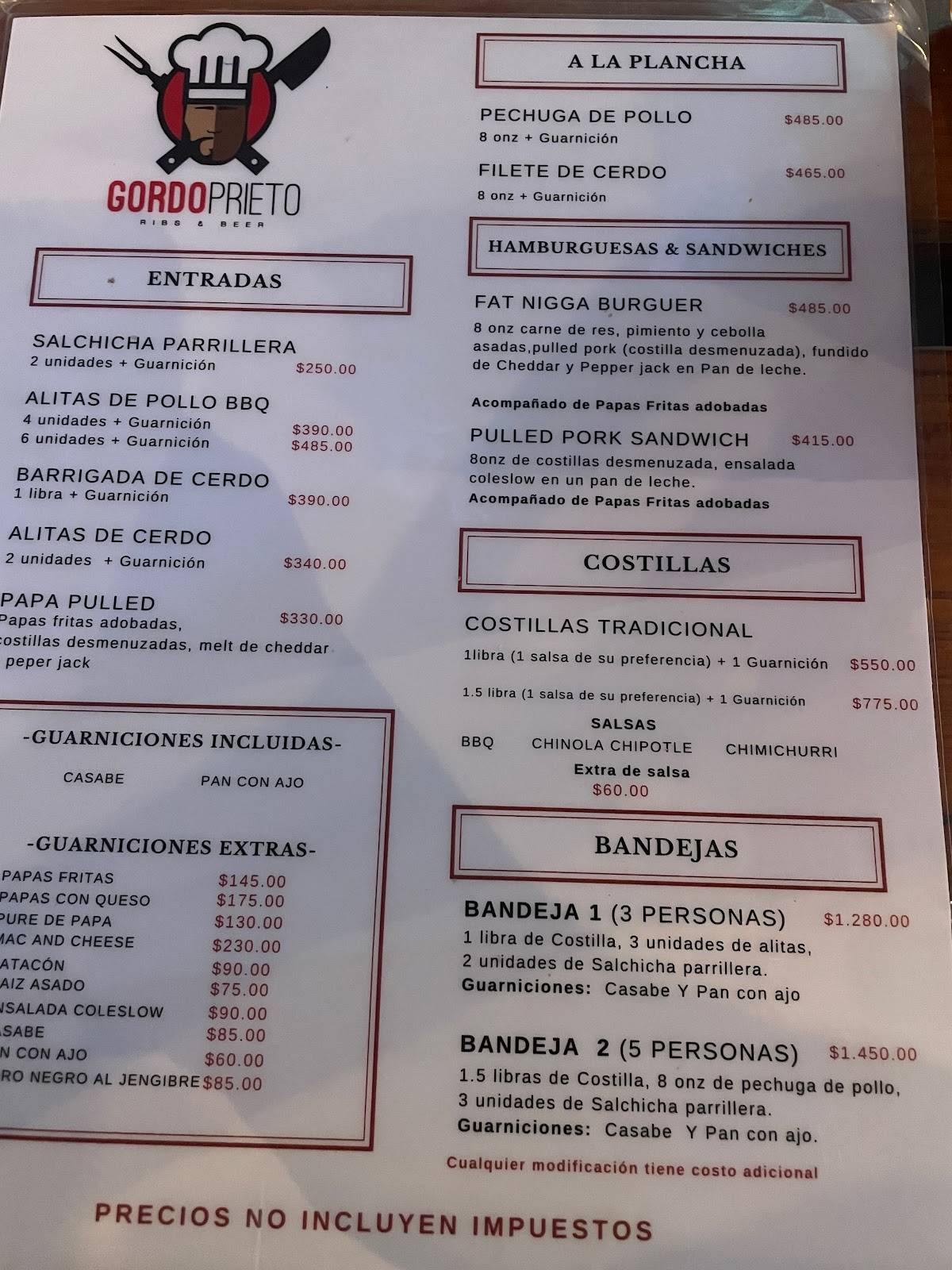Menu at Gordo Prieto Ribs And Beer restaurant, Santiago De Los Caballeros