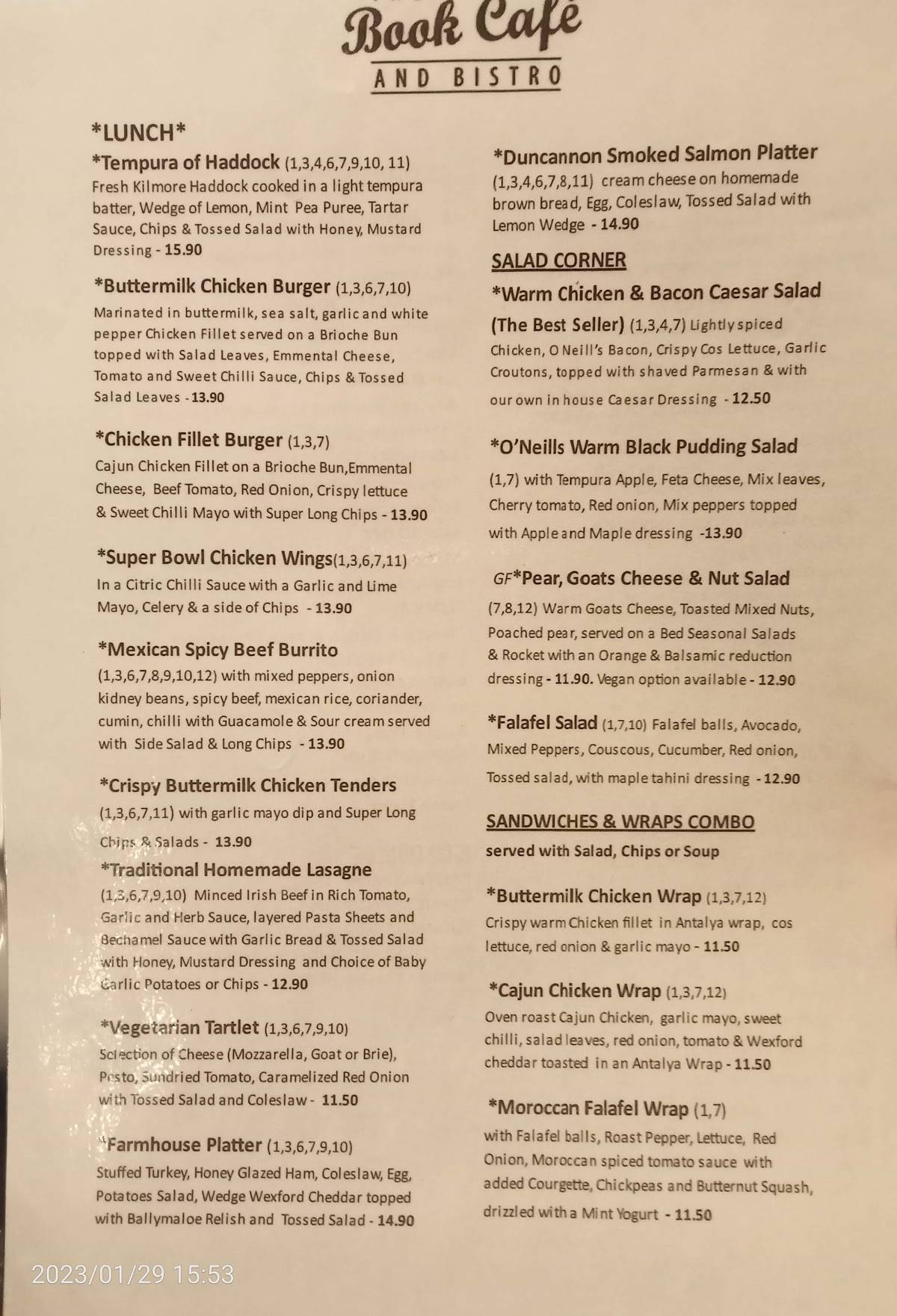 Menu at The Book Café and Bistro cafe, Gorey