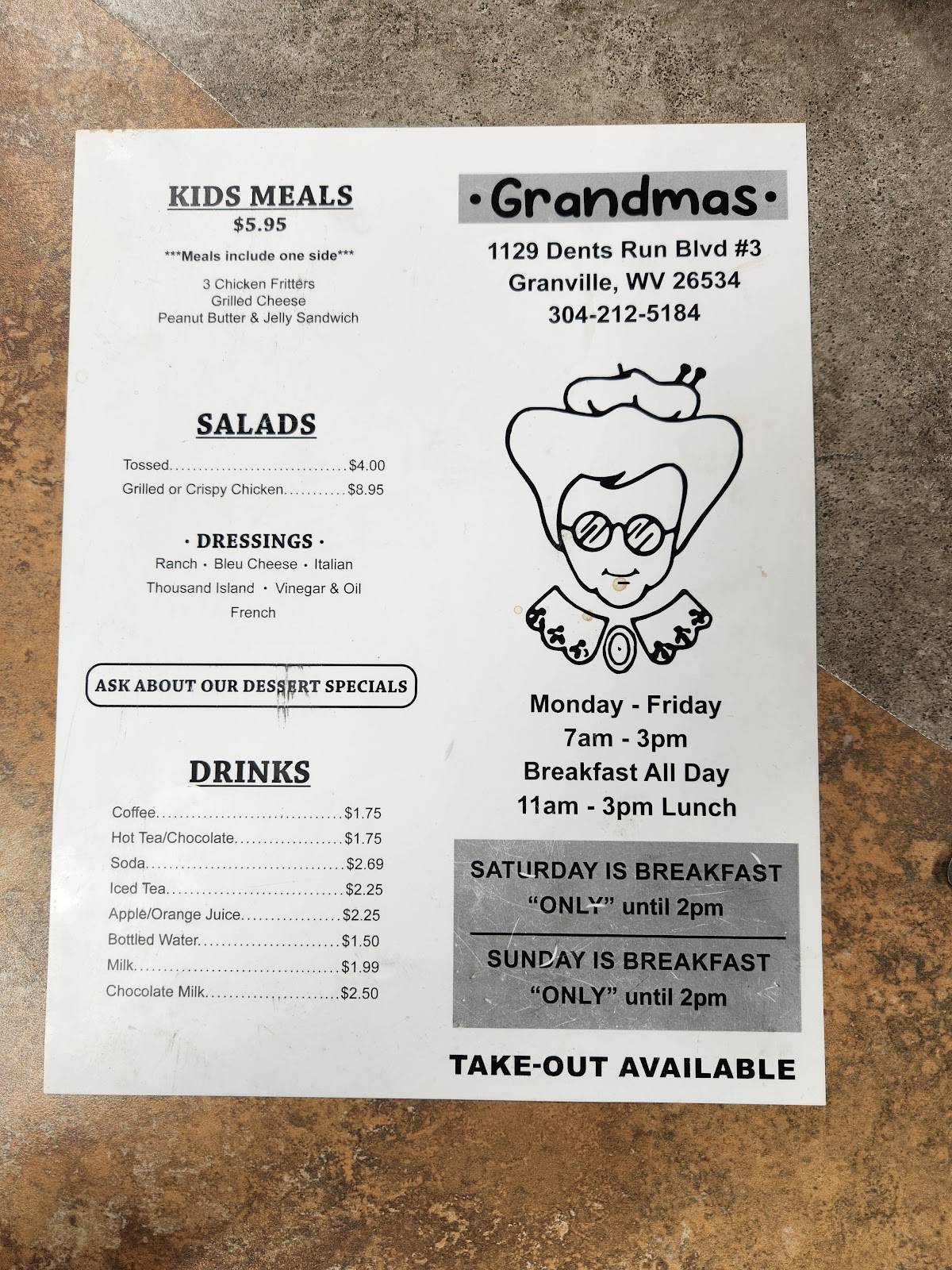 Menu at Grandma's Country Kitchen restaurant, Westover
