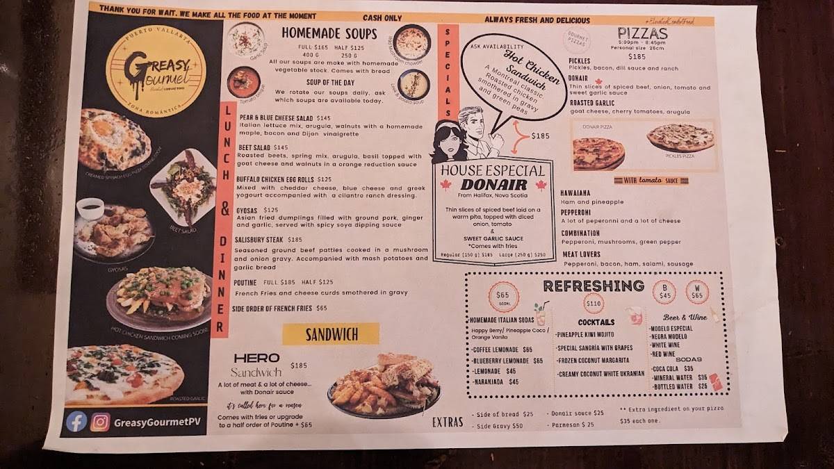 Menu at Greasy Gourmet restaurant, Puerto Vallarta, Lázaro Cárdenas 534