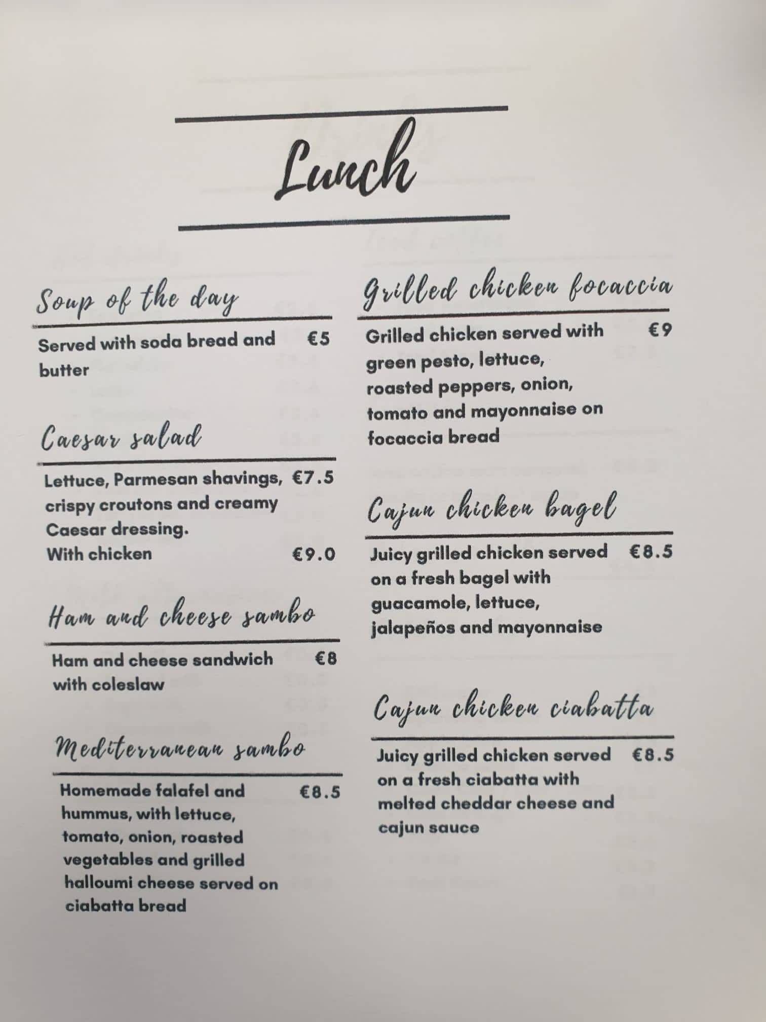 Menu at Green Corner Café cafeteria, Dublin