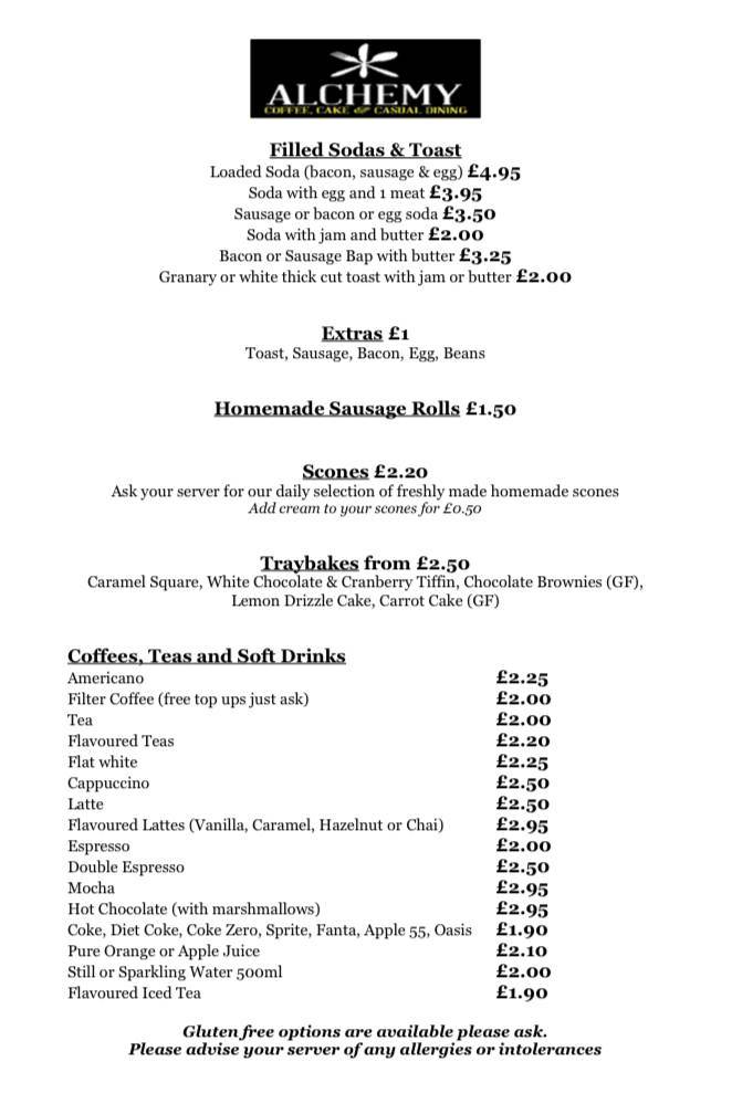 Menu at Alchemy restaurant, Greyabbey