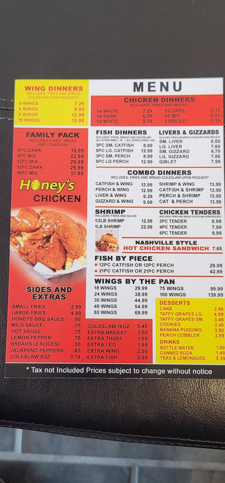 Menu at Honeys Chicken restaurant, Griffith