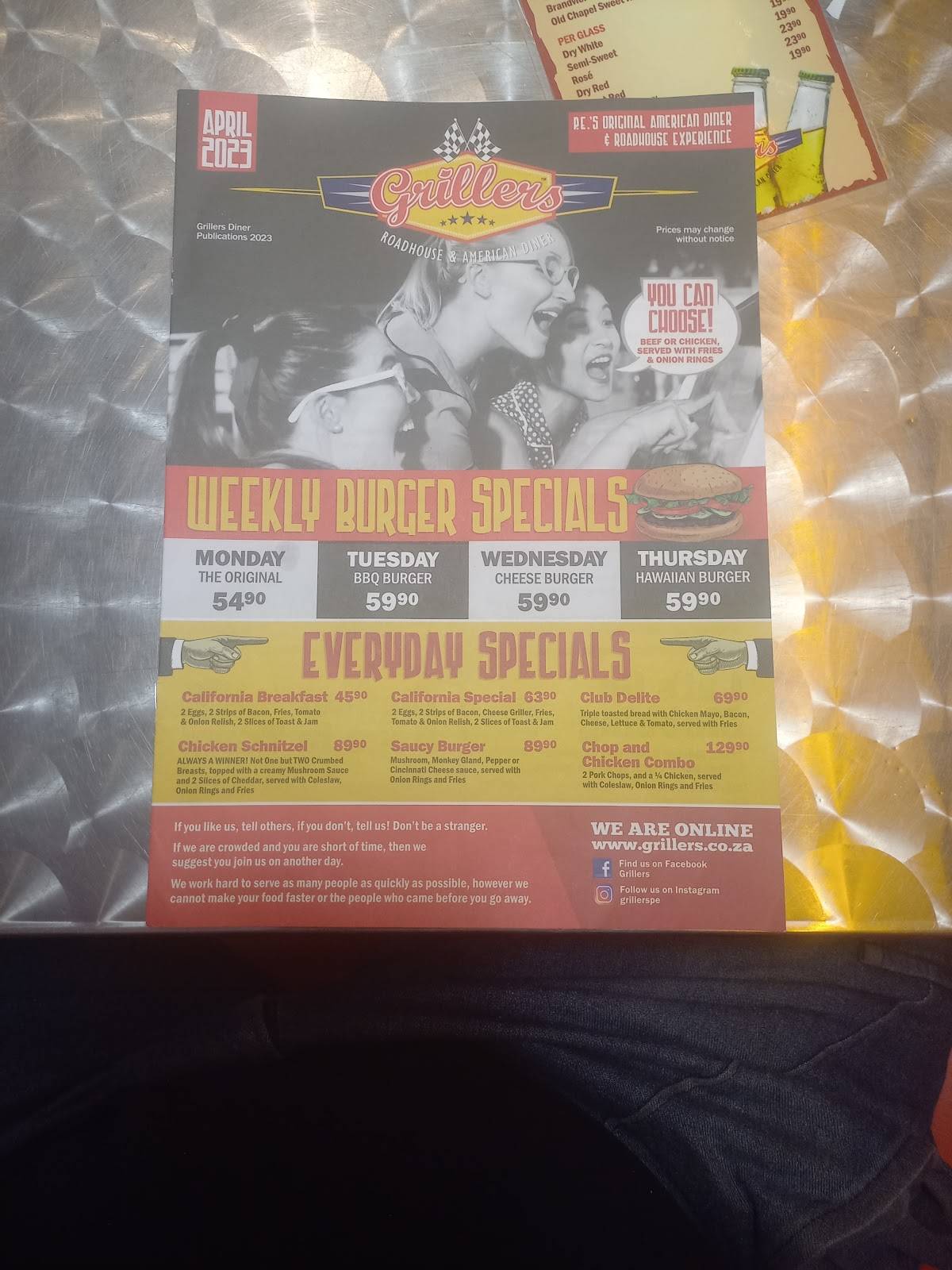 Menu at Grillers restaurant, Port Elizabeth