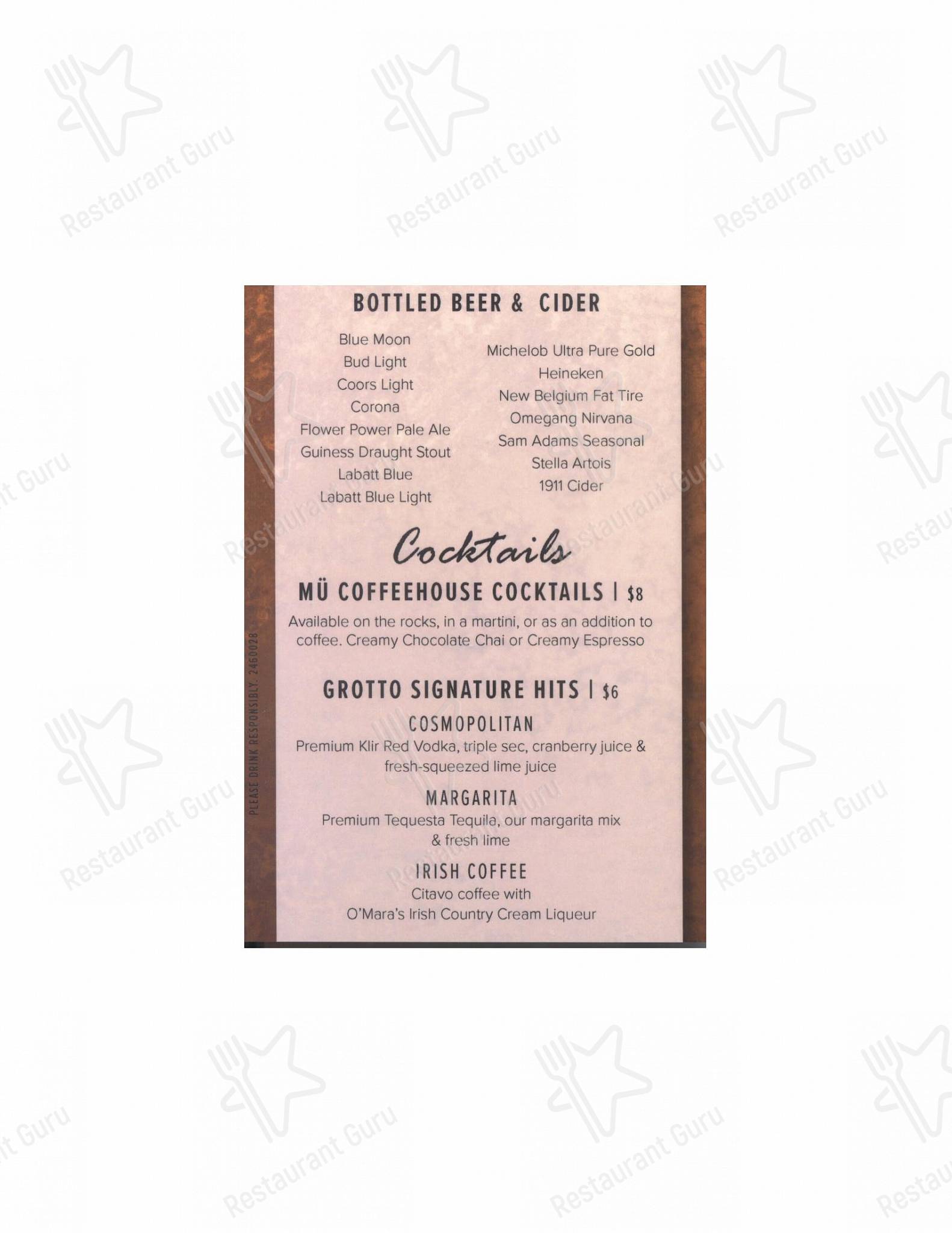 Menu at Grotto restaurant, North Syracuse