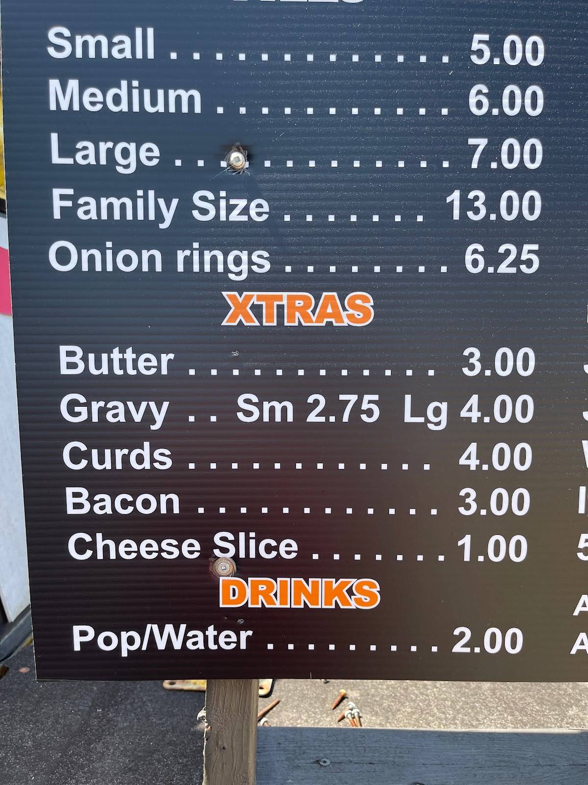 Menu at Hanks Fries restaurant, Smiths Falls