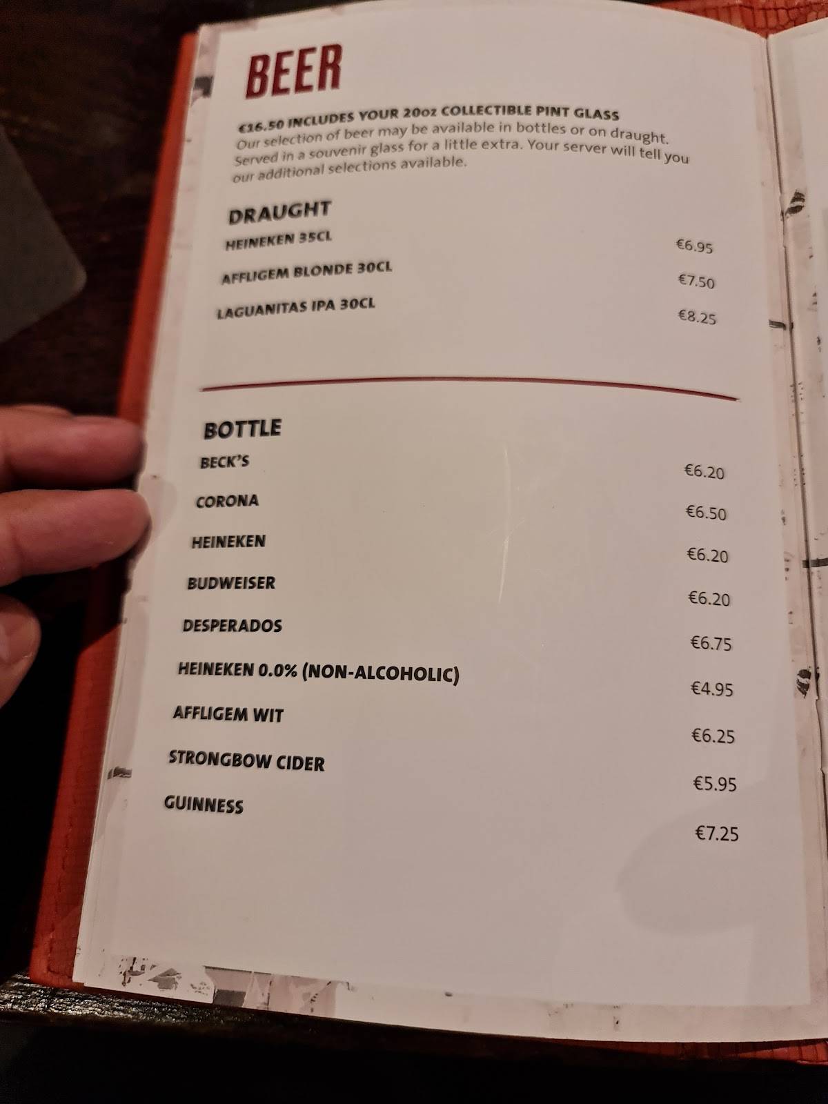 Menu au Hard Rock Cafe Amsterdam, Amsterdam