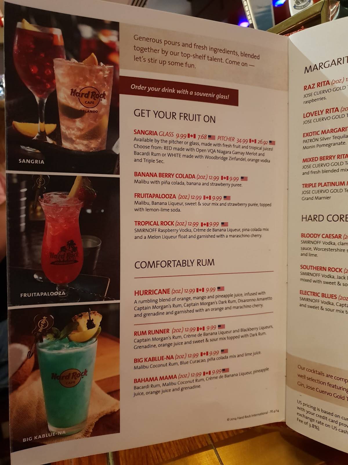 Menu at Hard Rock Cafe, Niagara Falls, Falls Ave