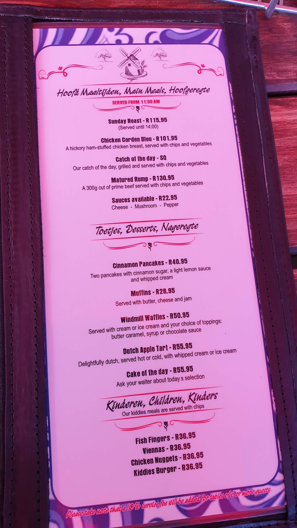 Menu at The Windmill Restaurant, Hartbeespoort