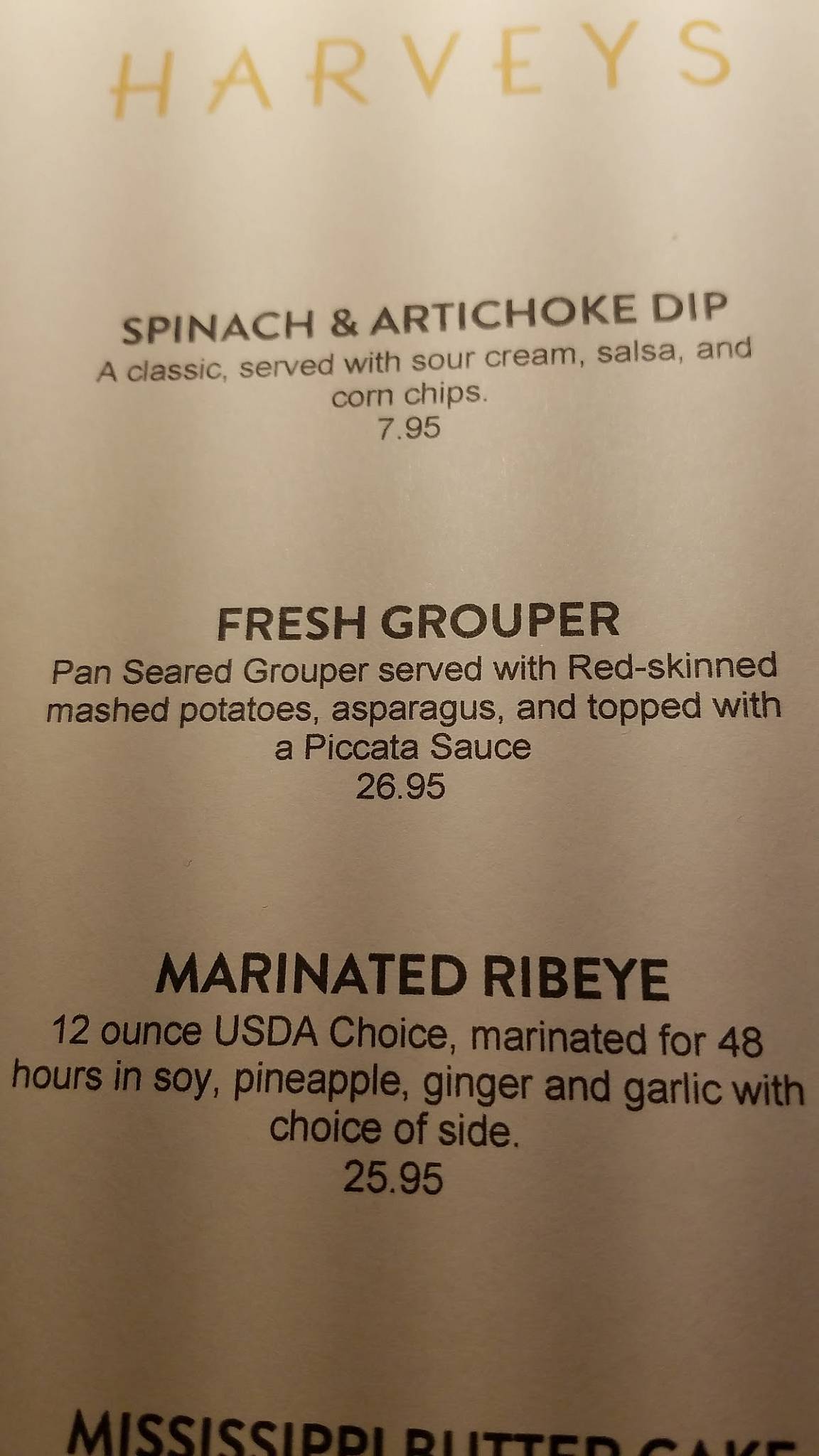 Menu at Harveys steakhouse, Tupelo