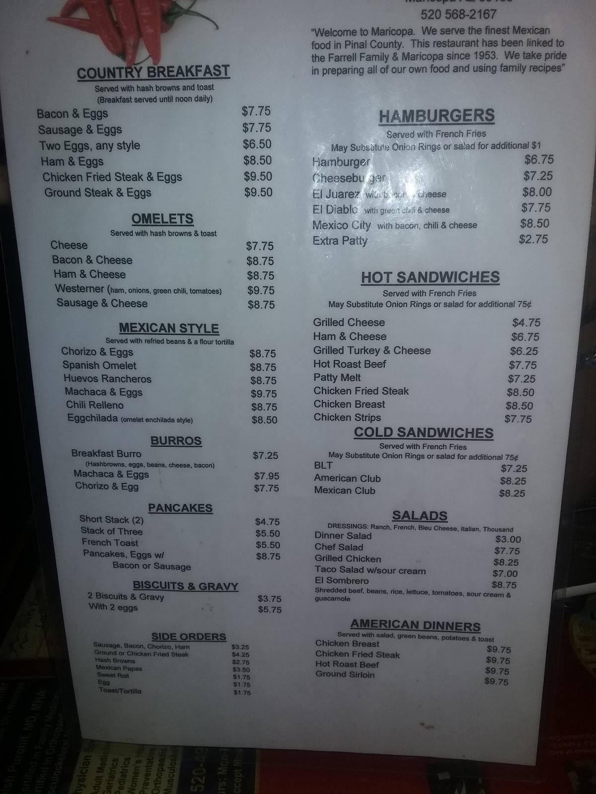 Menu at Headquarters Cafe, Maricopa, N Maricopa Rd