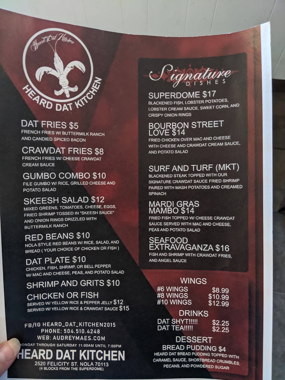 Menu at Heard Dat Kitchen restaurant, New Orleans