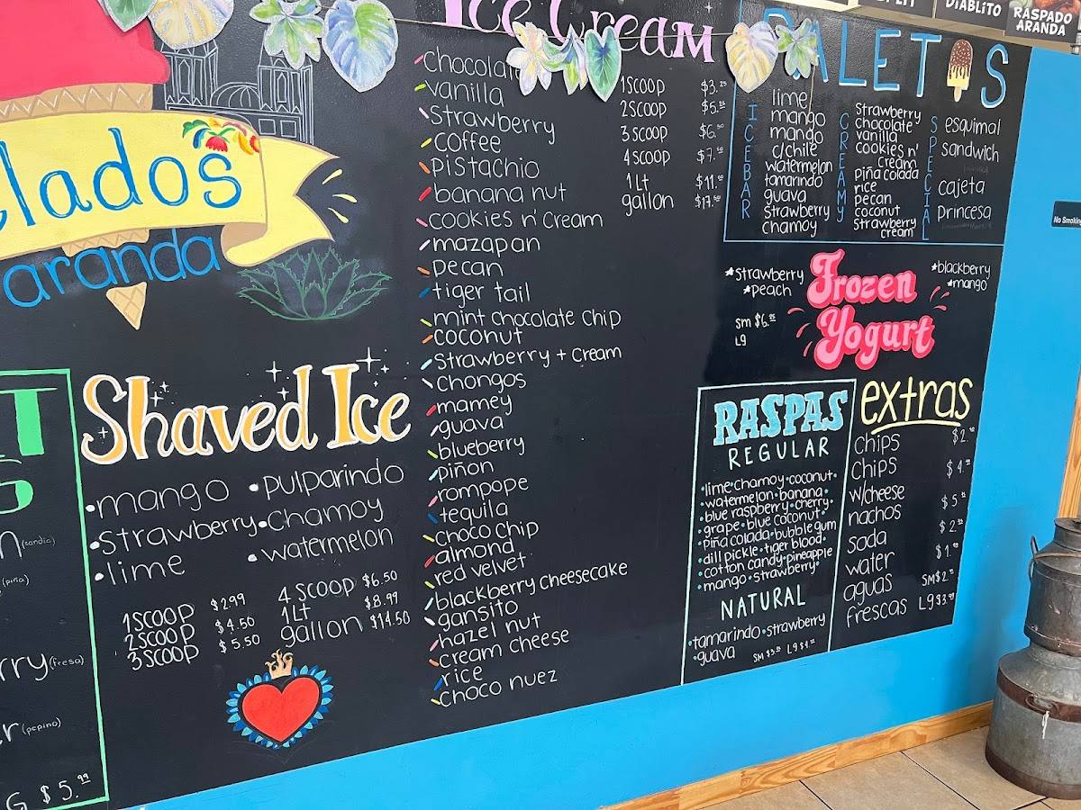 Carta del restaurante Helados Aranda, San Antonio, Nacogdoches Rd