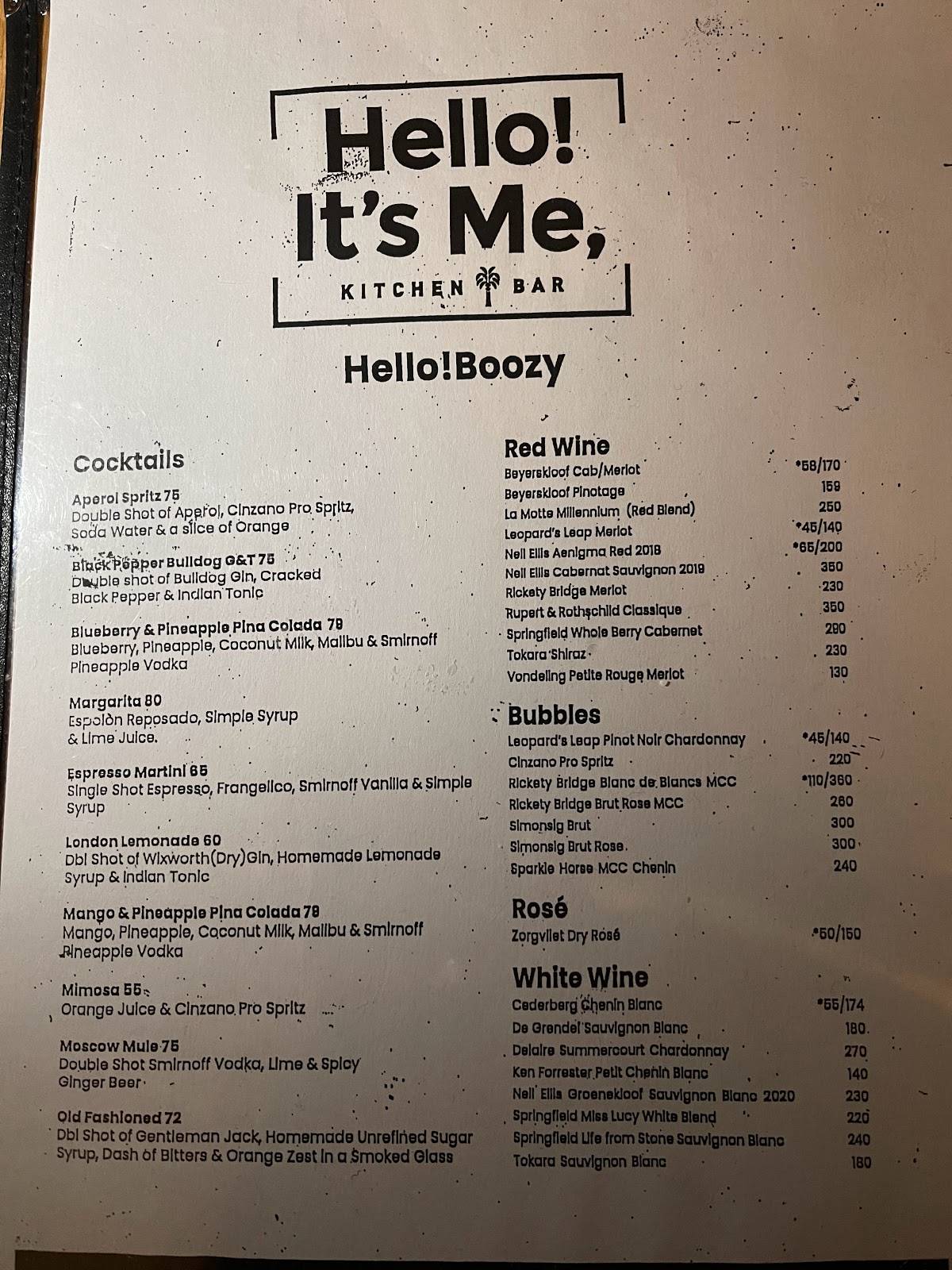 Speisekarte von Hello It's Me Kitchen Bar, Südafrika, Boardwalk Mall