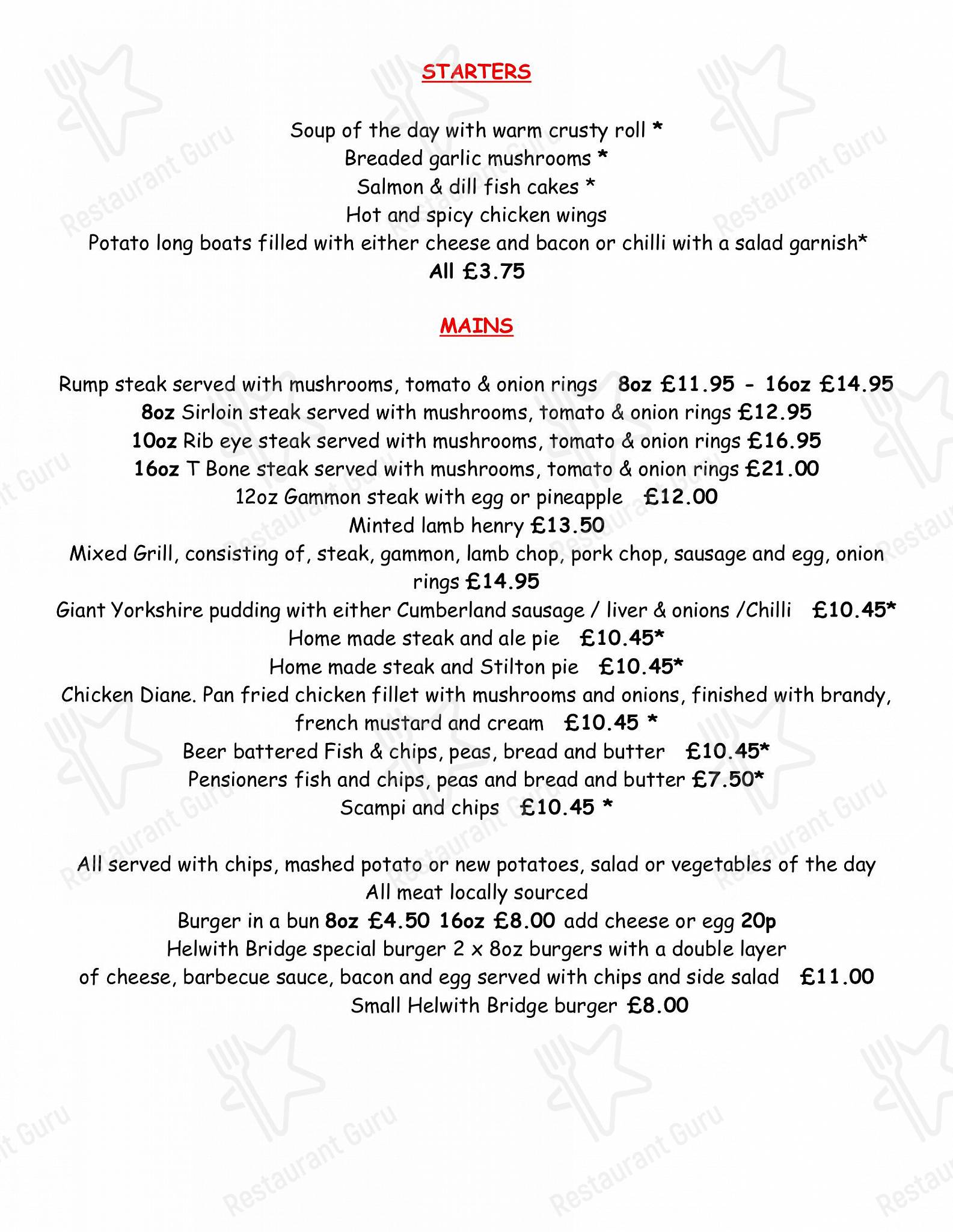 Menu at Helwith Bridge Inn pub & bar, Horton in Ribblesdale