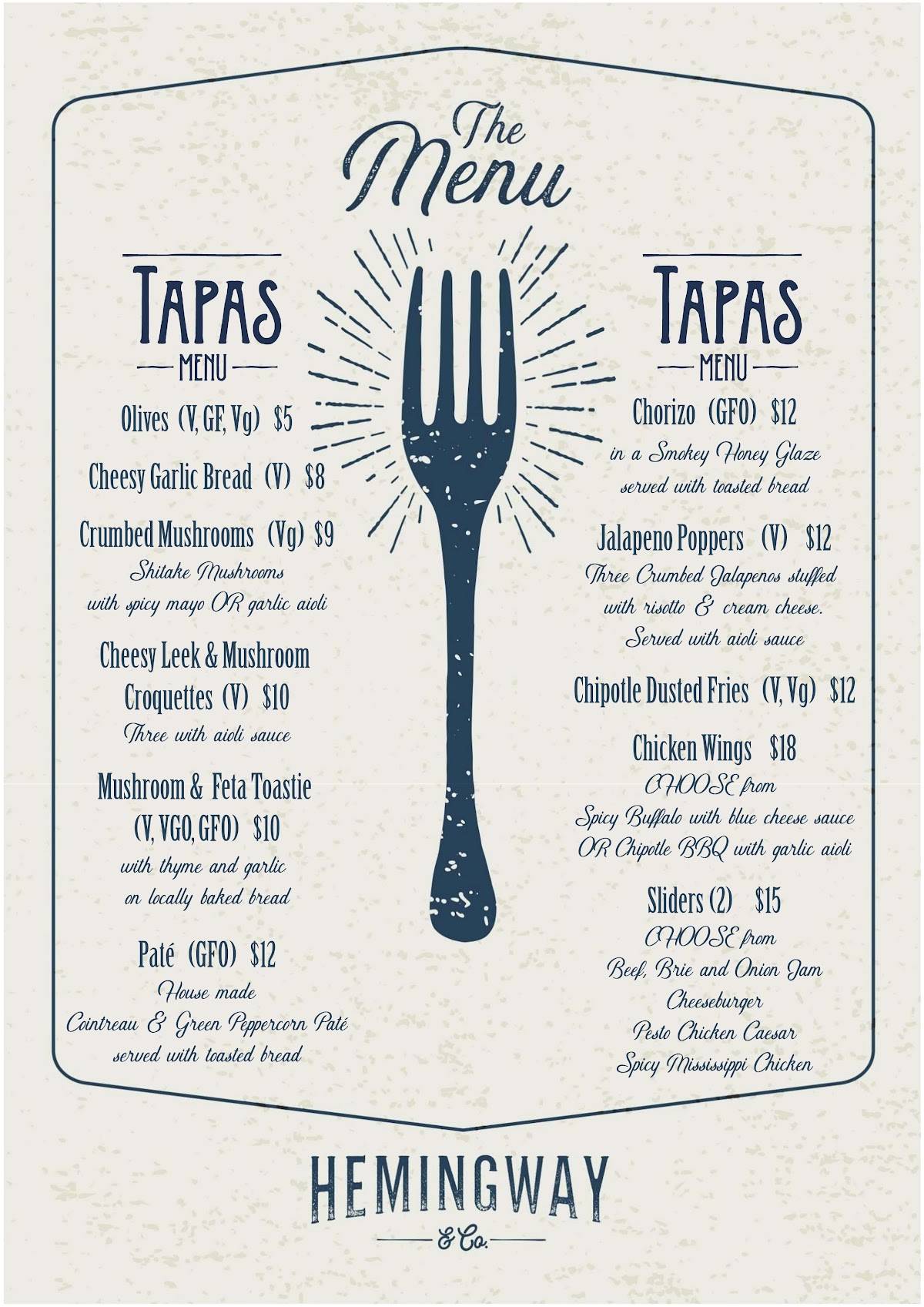 Menu at Hemingway & Co. pub & bar, Mundaring