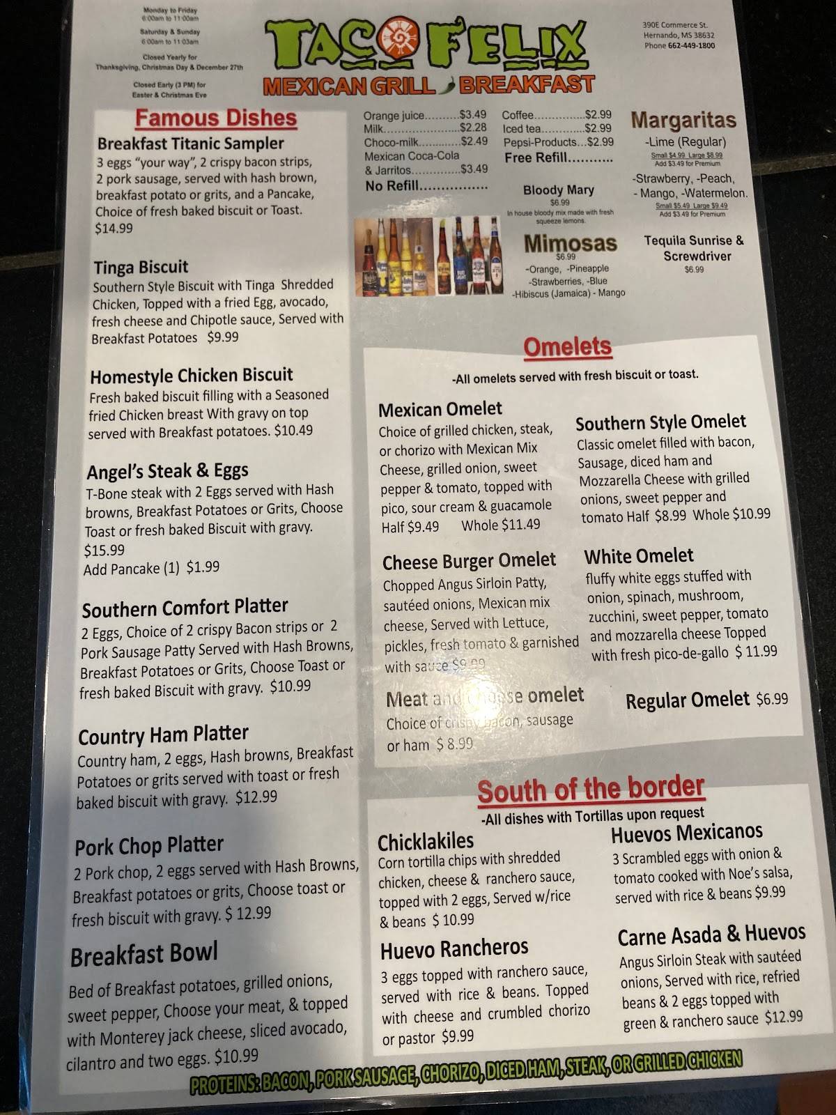 Menu at Taco Felix restaurant, Hernando, 390 E Commerce St
