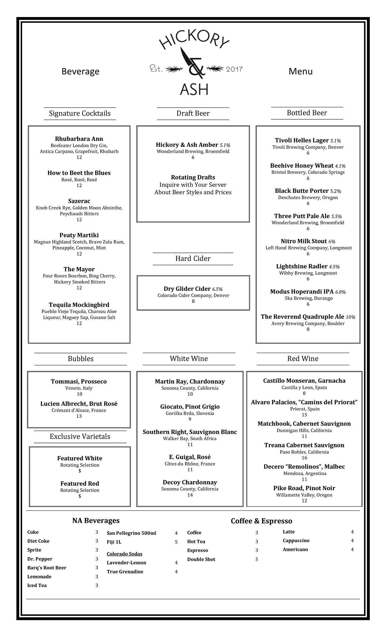 Menu at Hickory & Ash steakhouse, Broomfield