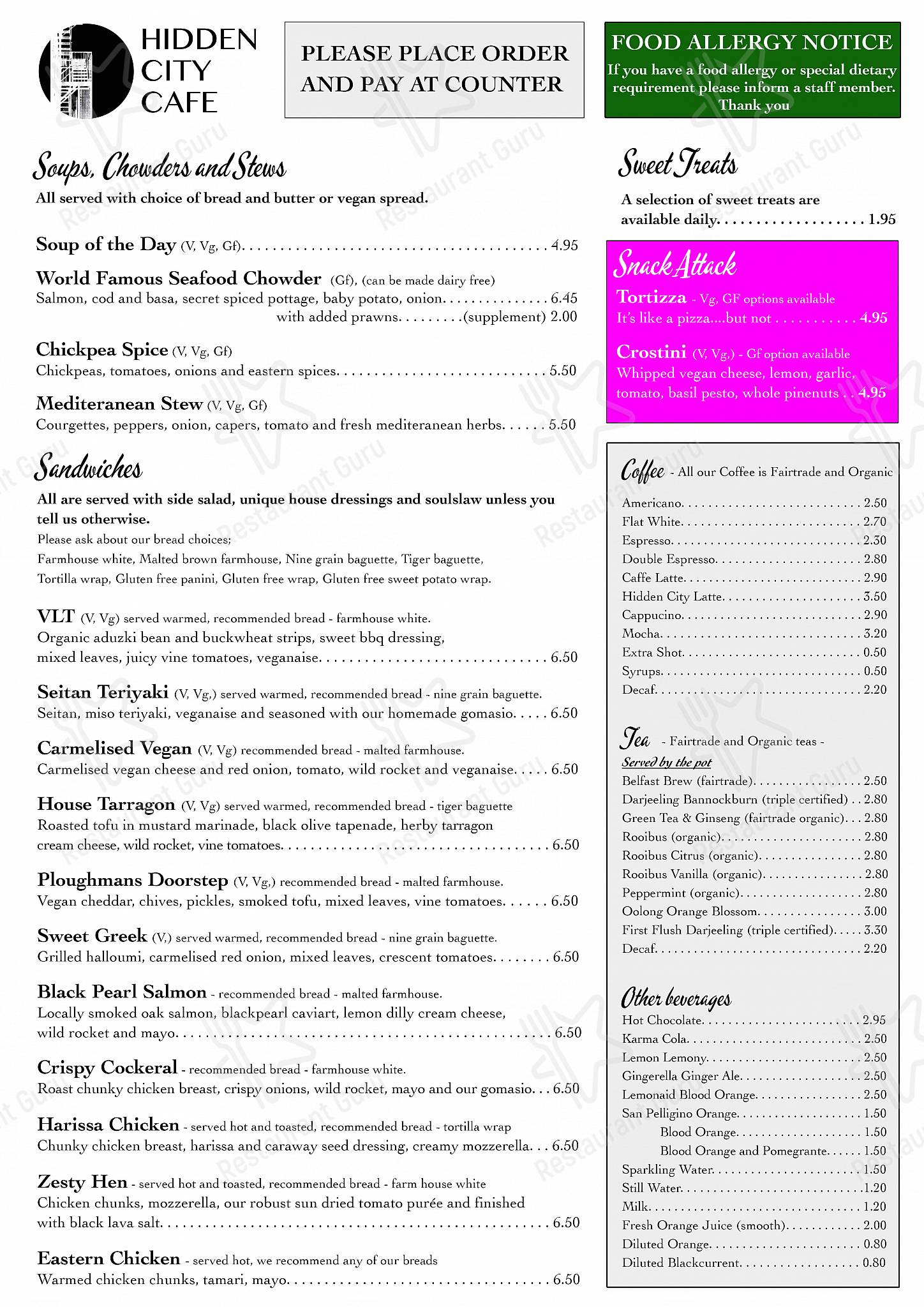 Menu at Hidden City Cafe, Londonderry