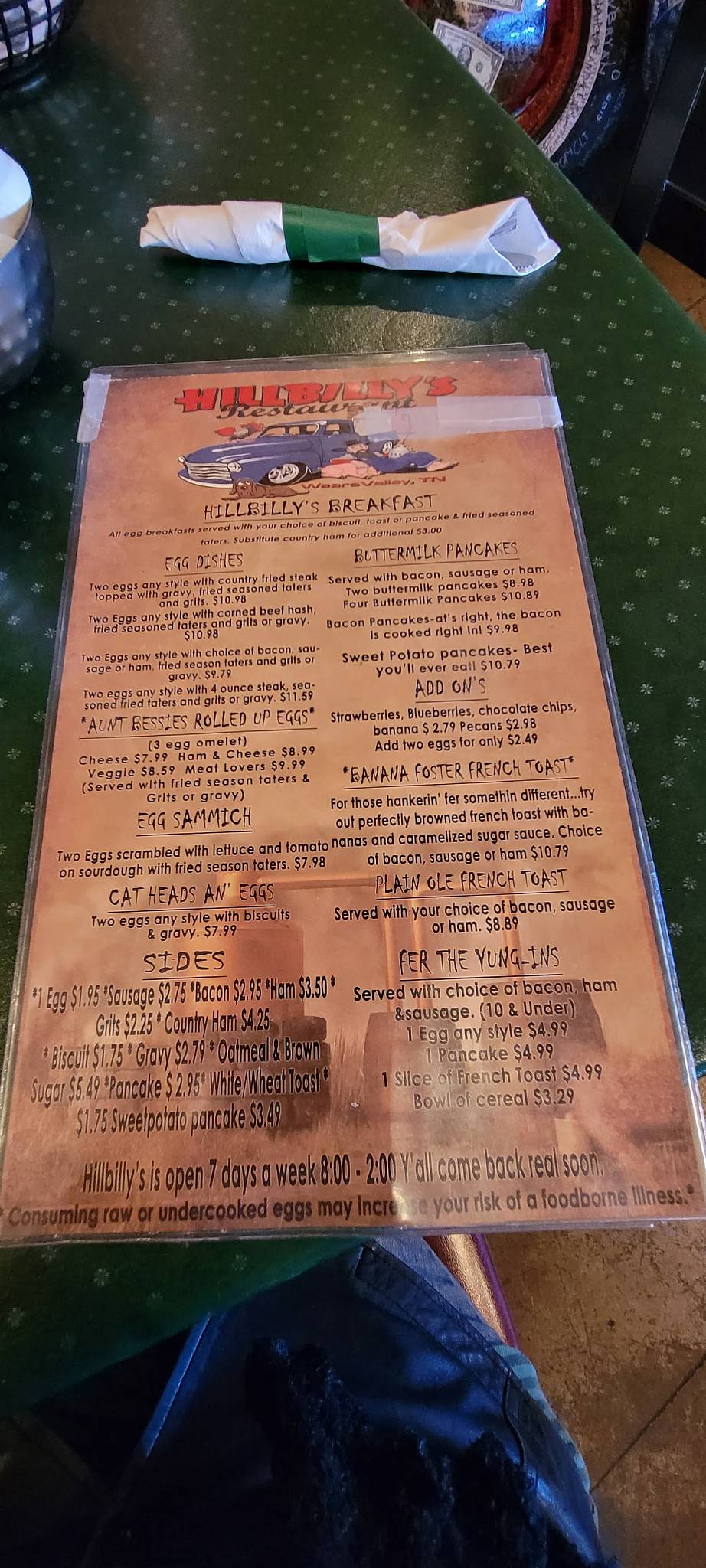 Menu at Hillbilly's Restaurant, Pigeon Forge, Wears Valley Rd