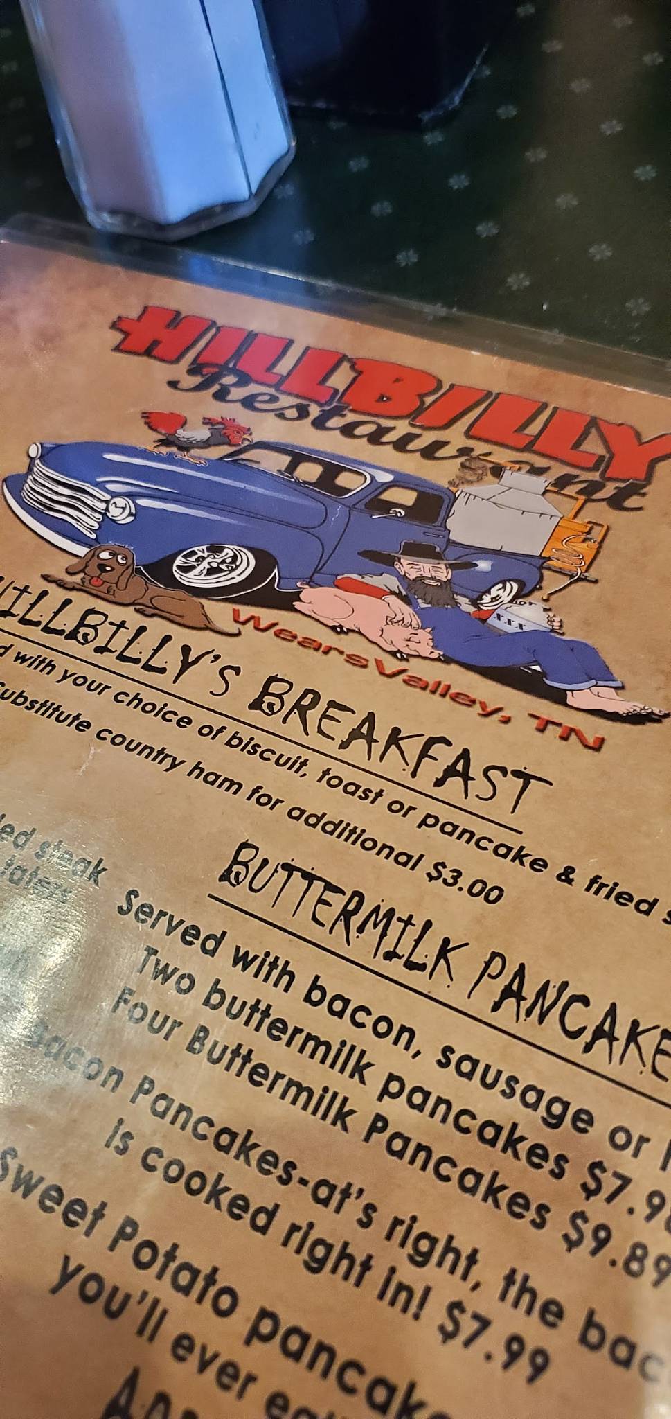 Menu at Hillbilly's Restaurant, Pigeon Forge, Wears Valley Rd