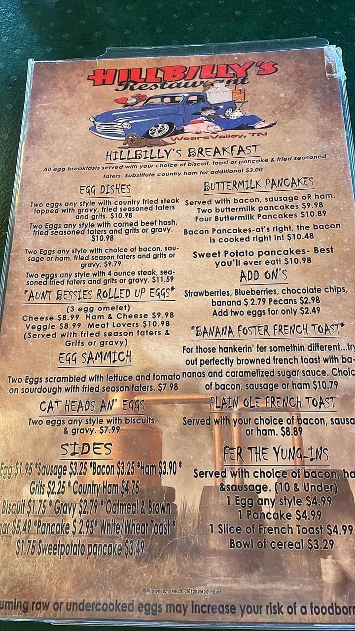 Menu at Hillbilly's Restaurant, Pigeon Forge, Wears Valley Rd