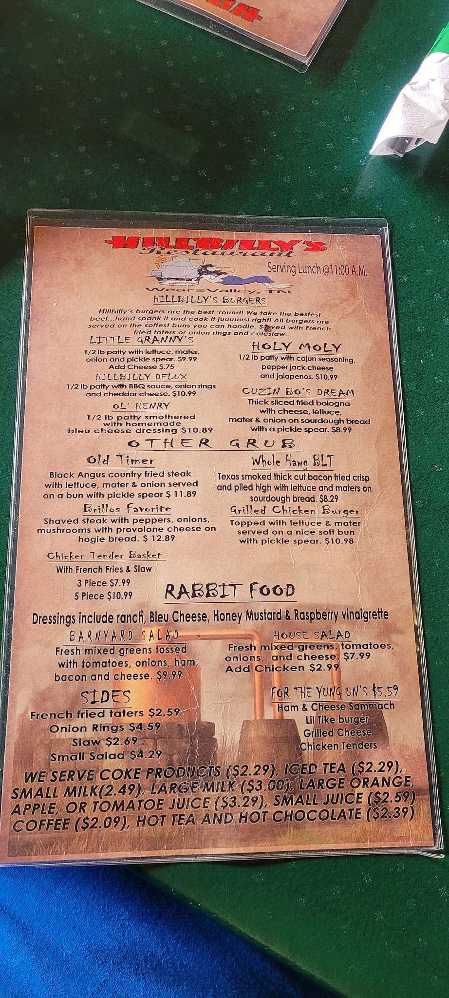 Menu at Hillbilly's Restaurant, Pigeon Forge, Wears Valley Rd