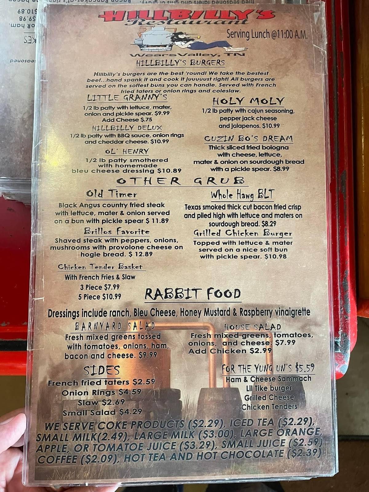 Menu at Hillbilly's Restaurant, Pigeon Forge, Wears Valley Rd