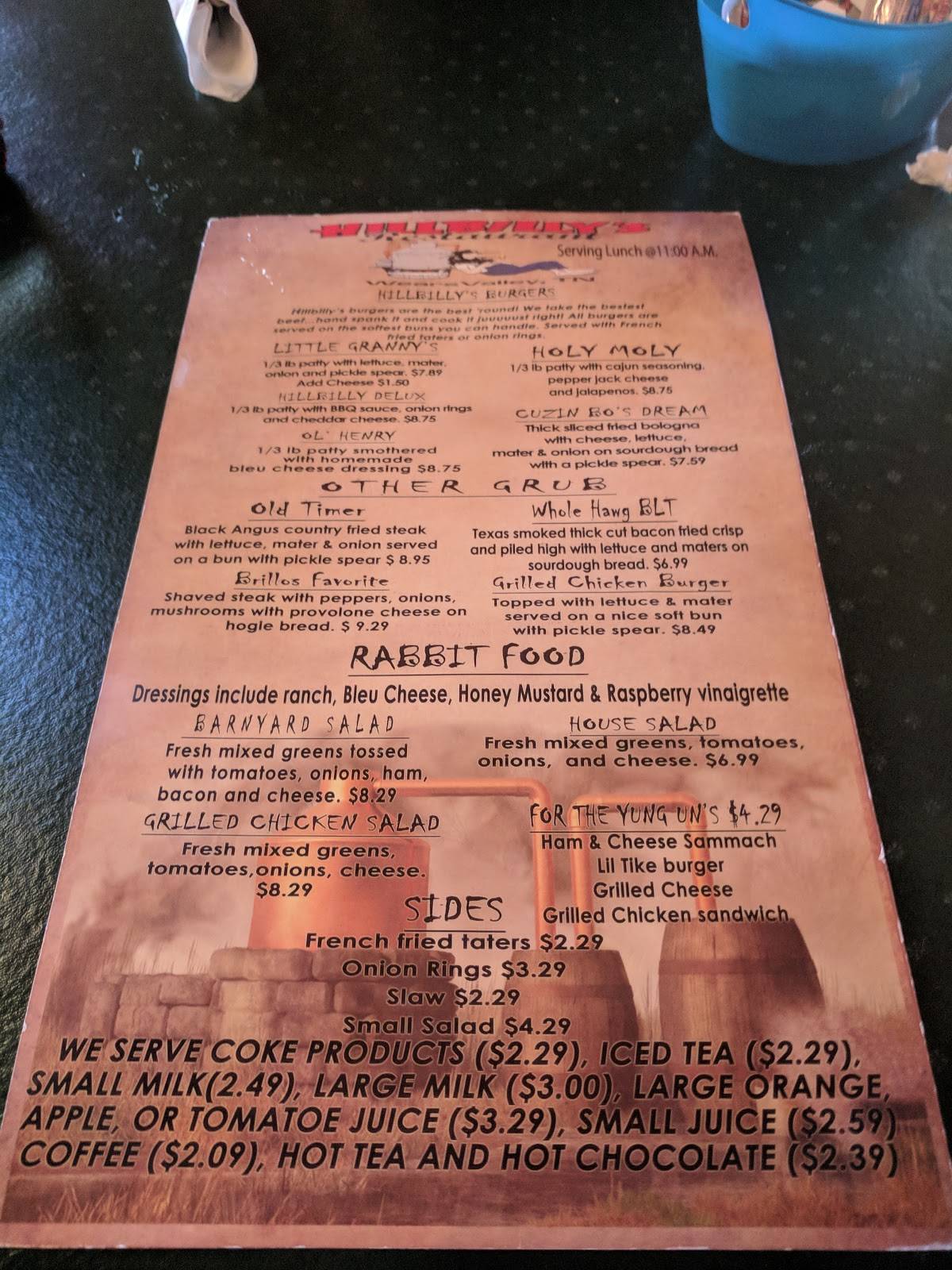 Menu at Hillbilly's Restaurant, Pigeon Forge, Wears Valley Rd