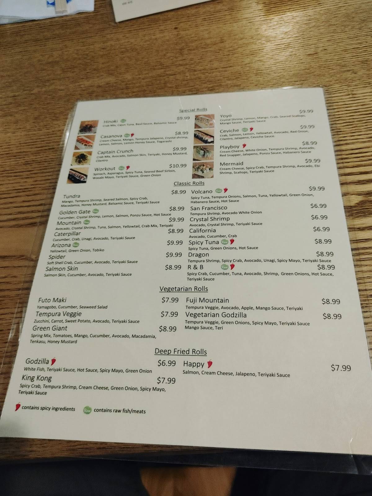 Menu at Hinoki Sushi restaurant, Reno