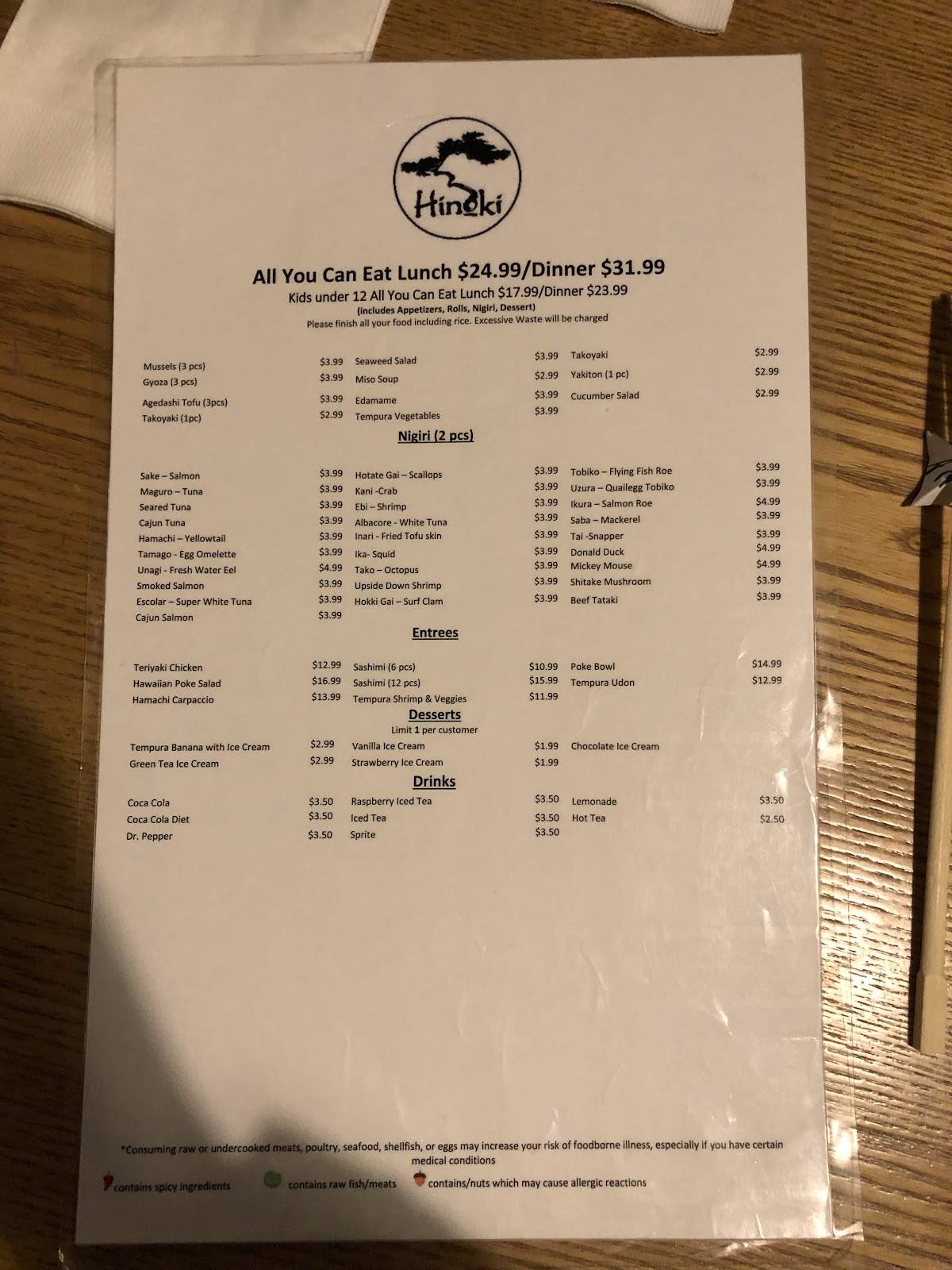 Menu at Hinoki Sushi restaurant, Reno