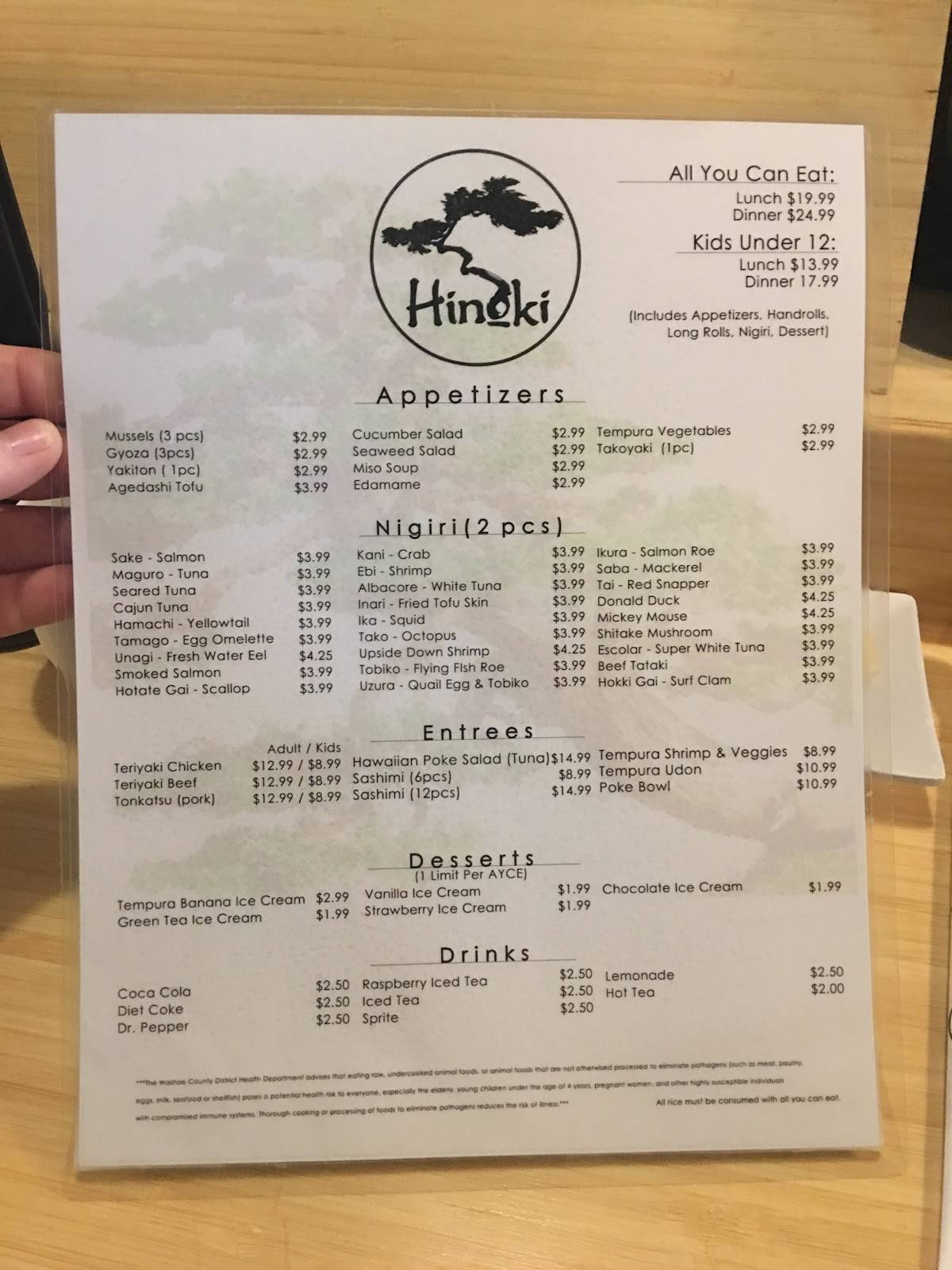 Menu at Hinoki Sushi restaurant, Reno