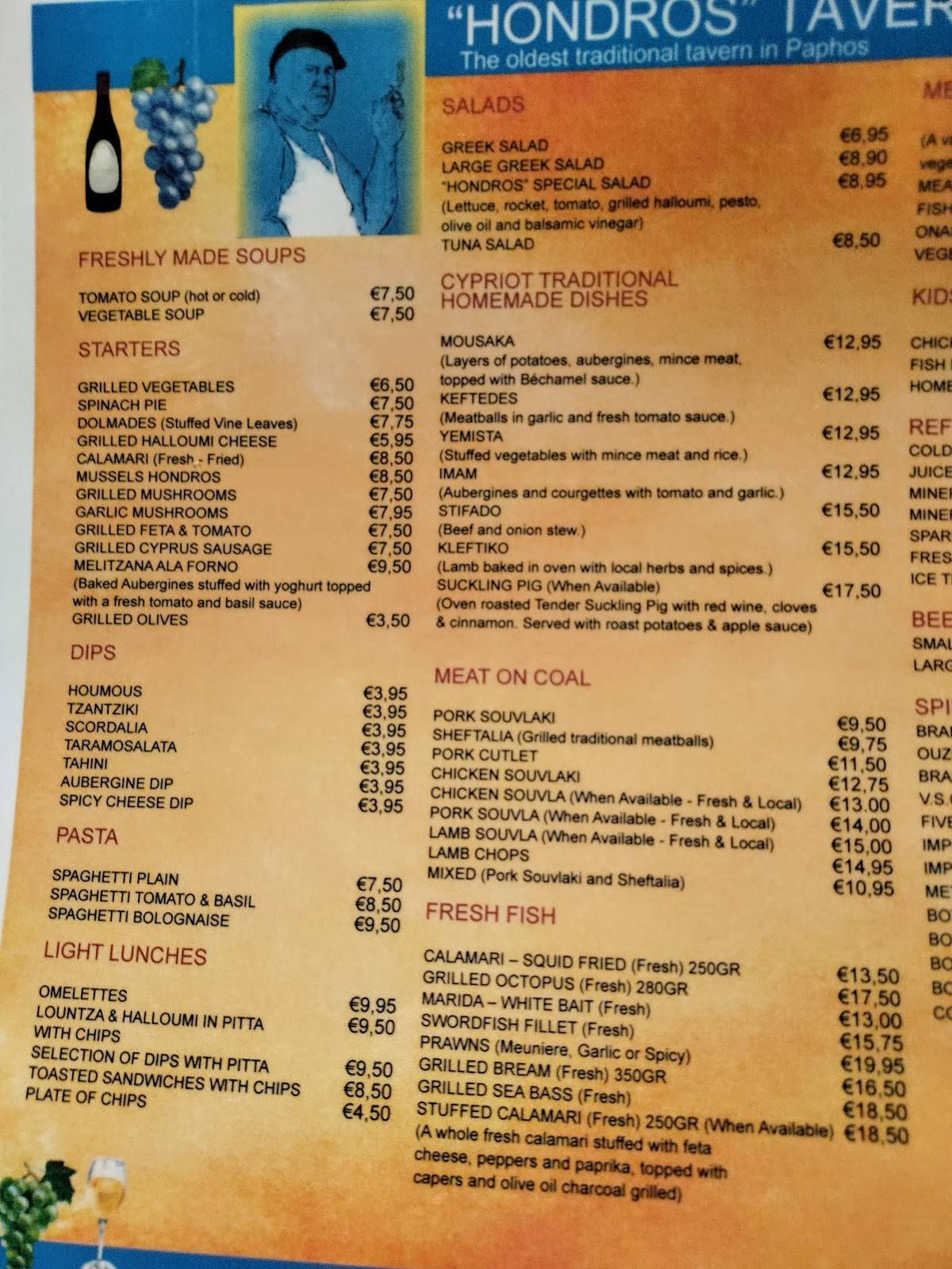 Menu at Hondros - The oldest traditional tavern, Paphos
