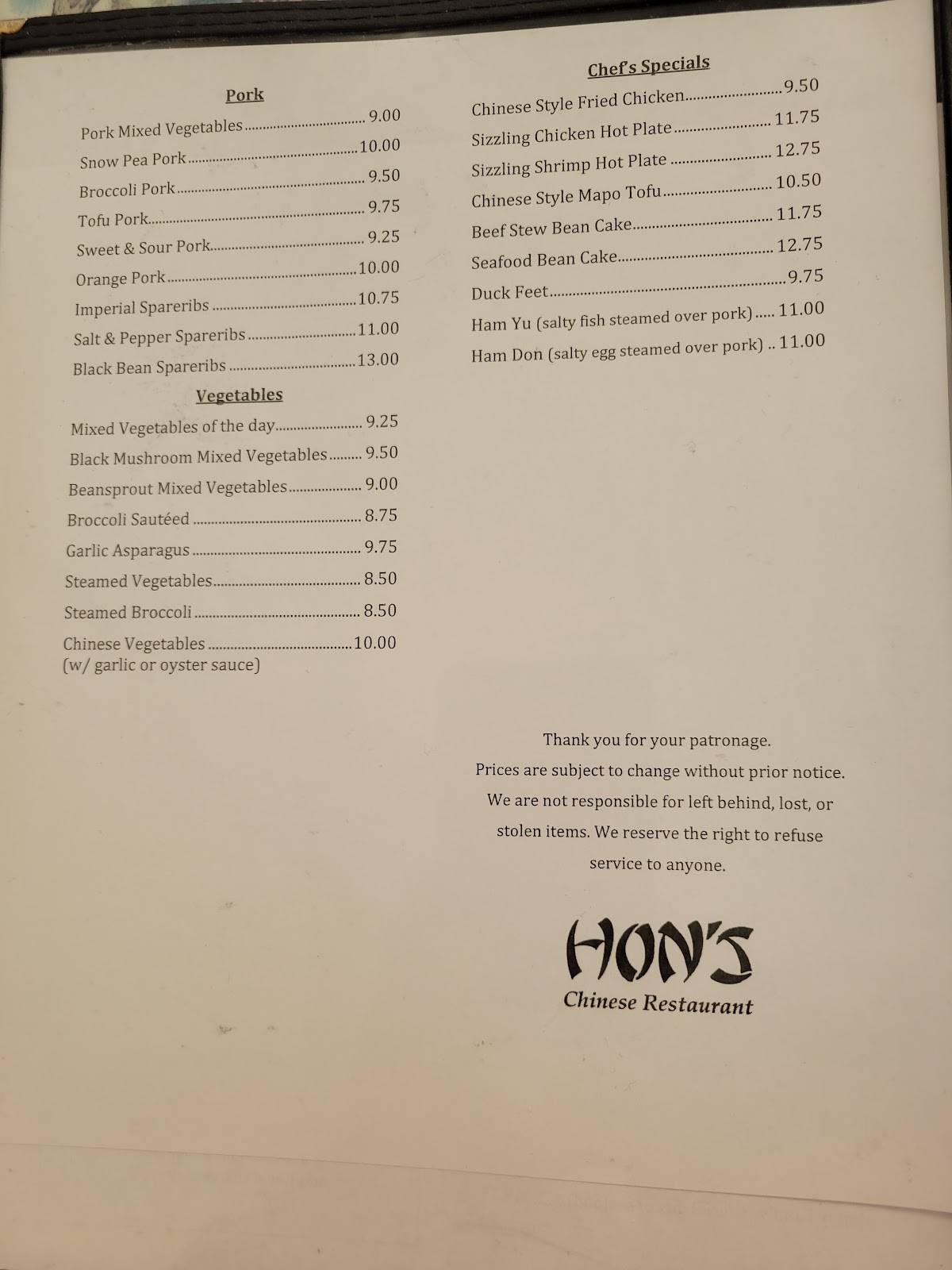 Menu at Hon's Chinese Food Restaurant, Fresno