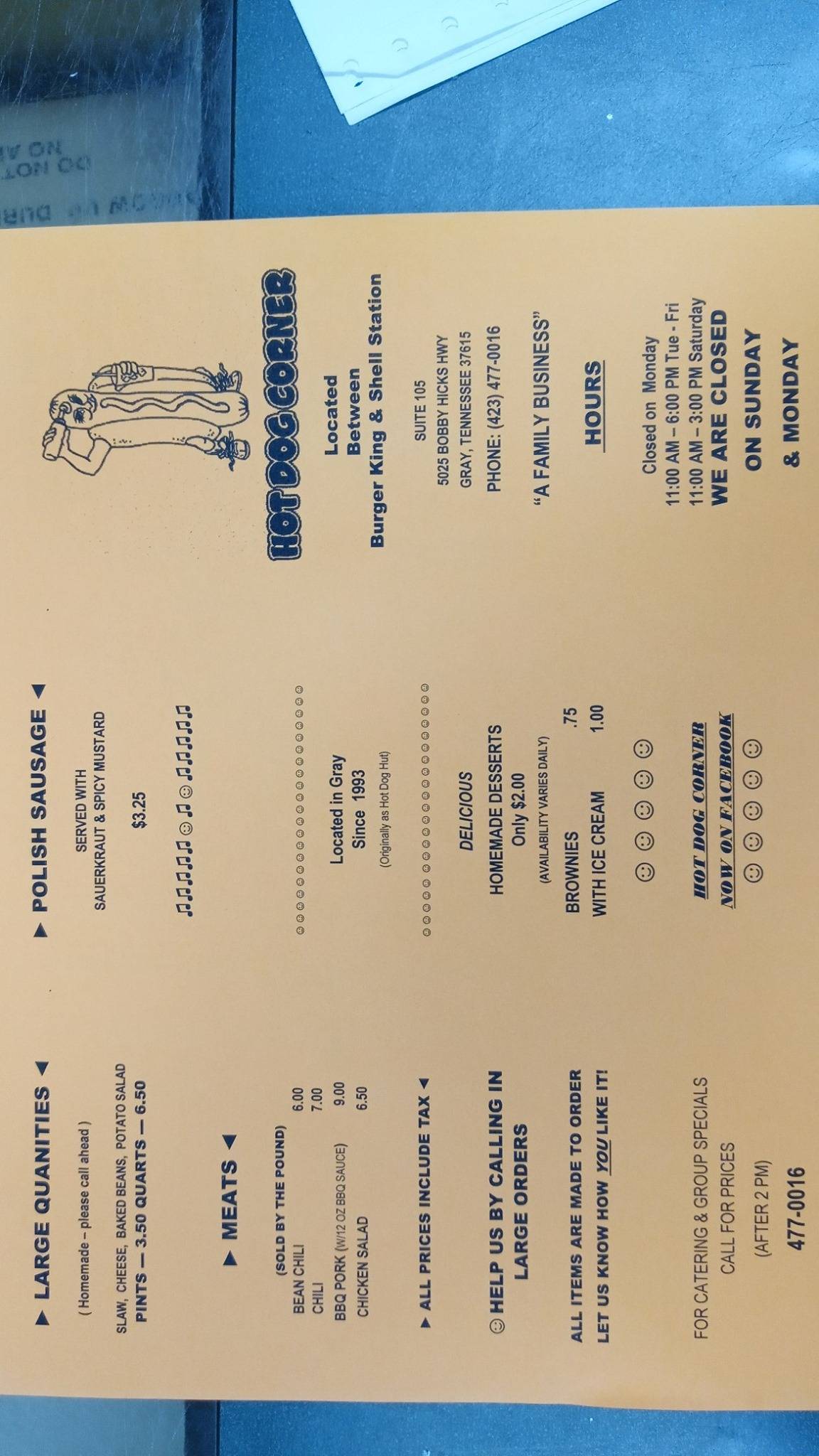 Menu at Hot Dog Corner restaurant, Johnson City, Bobby Hicks Hwy Suite 105