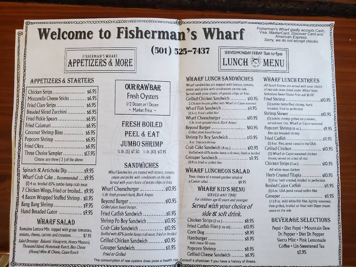 Menu at Fisherman's Wharf Steak & Seafood restaurant, Lake Hamilton