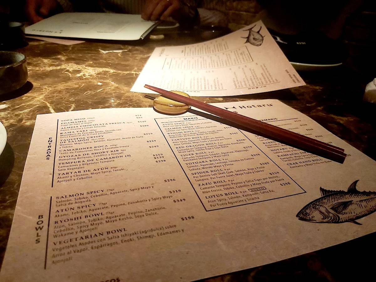 Menu at Hotaru Arcos restaurant, Mexico City