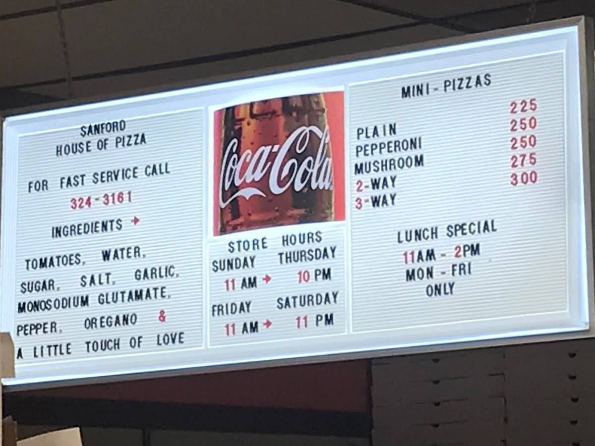 Menu at House of Pizza restaurant, Sanford
