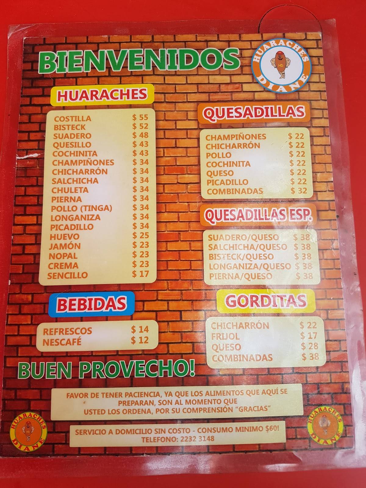 Menu at Huaraches DIANE restaurant, Ciudad Nezahualcóyotl, Palacio ...