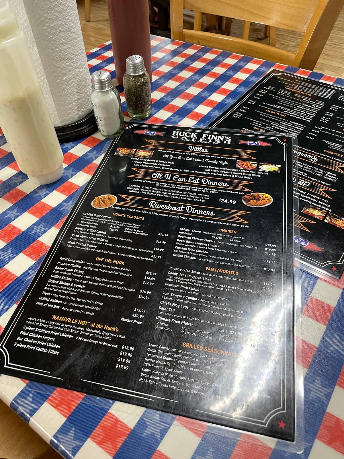Menu at Huck Finn's Catfish restaurant, Pigeon Forge
