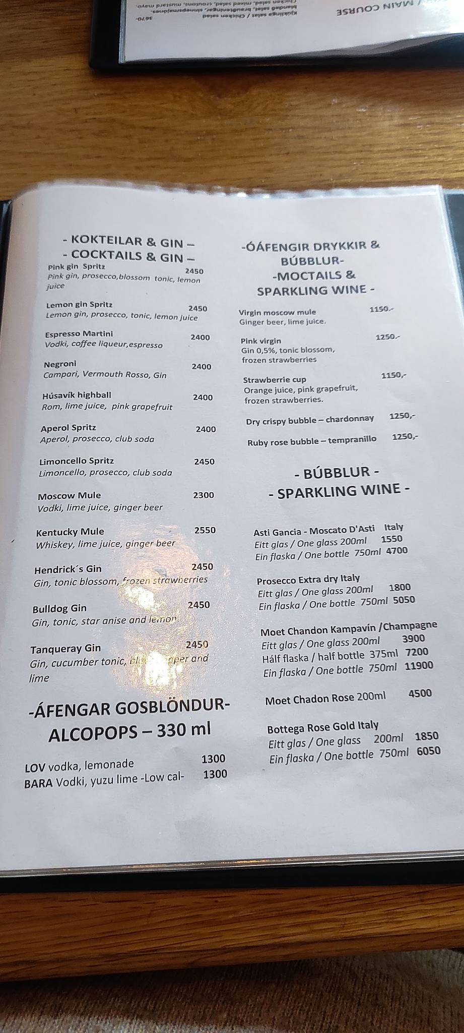 Menu at Salka Restaurant, Húsavík