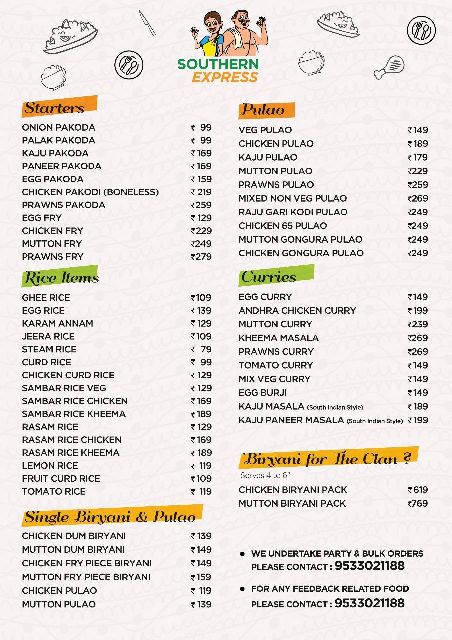 Menu at Southern Express, The Alley, Hyderabad