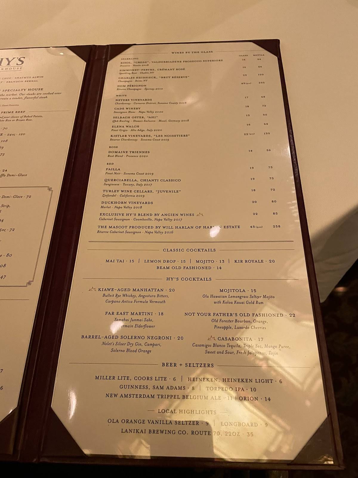 Menu at Hy's Steak House steakhouse, Honolulu
