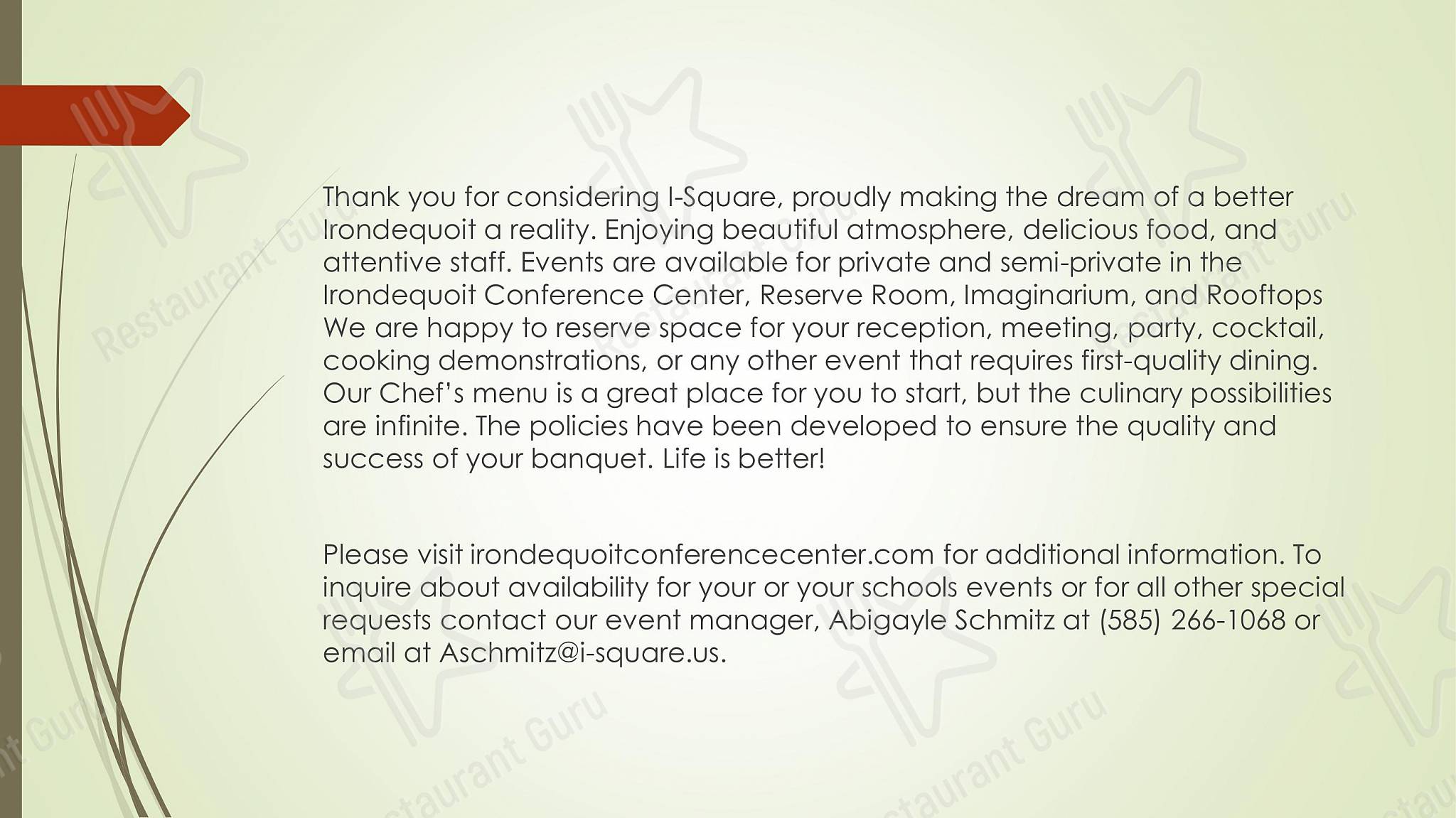 Menu at I-Square restaurant, Irondequoit, 400 Bakers Park