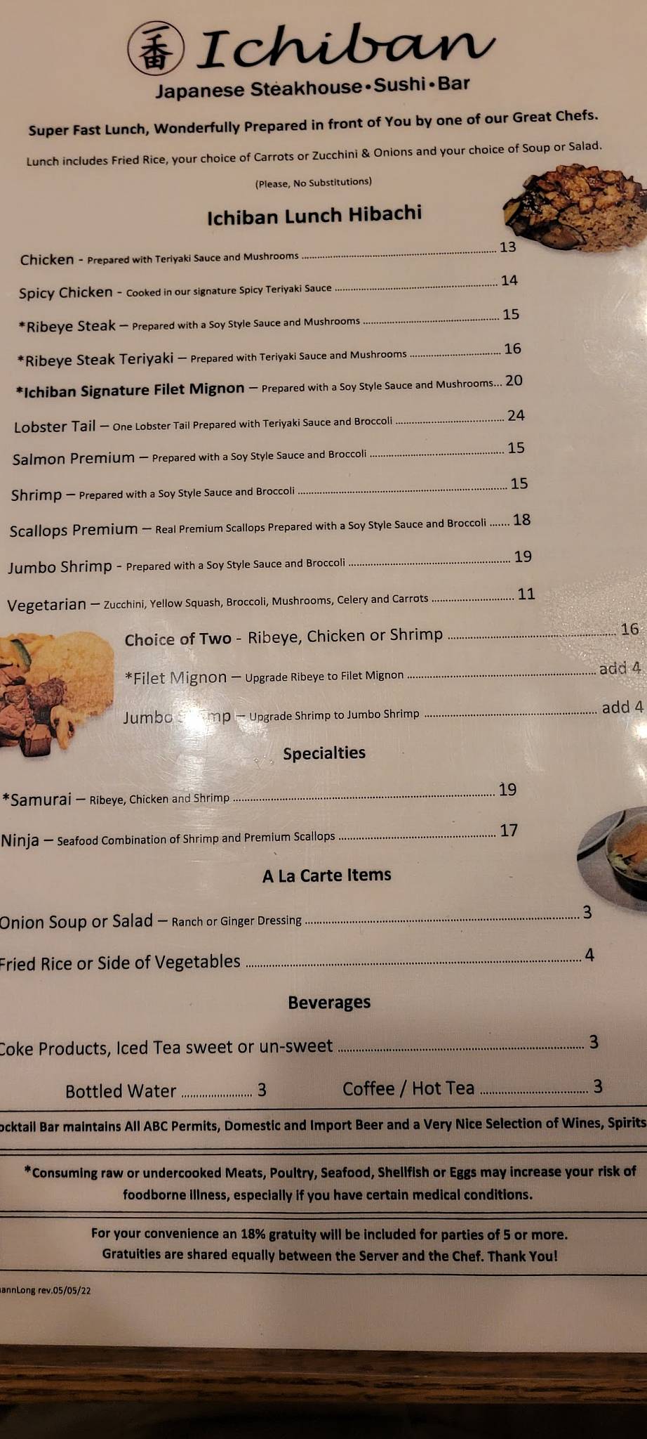 Menu at Ichiban Japanese Steakhouse Sushi Bar, Rocky Mount